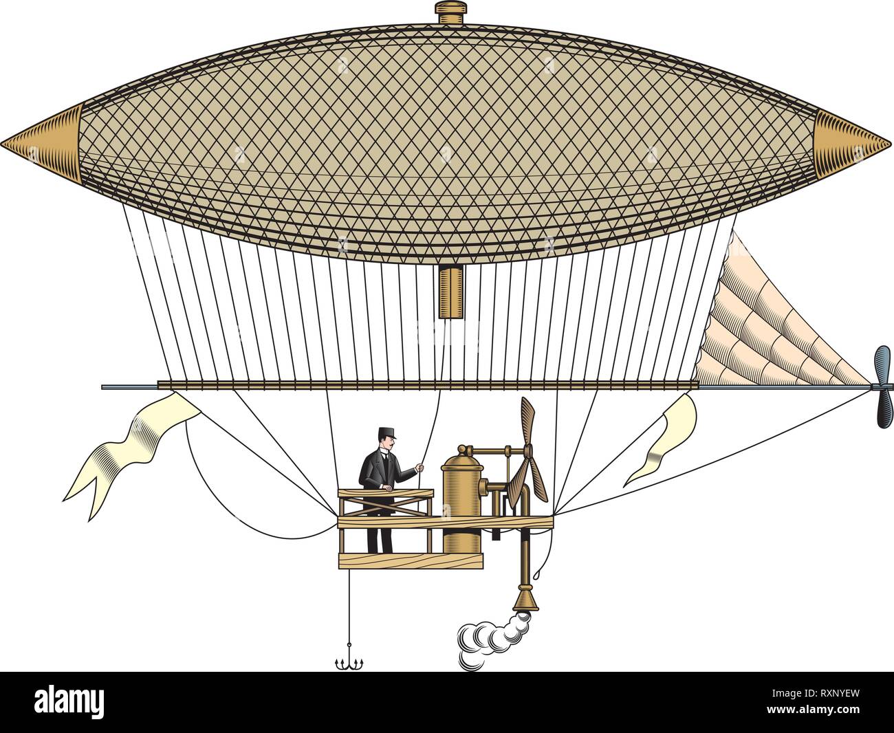 Vintage aerostat or zeppelin, isolated, engraving style vector ...