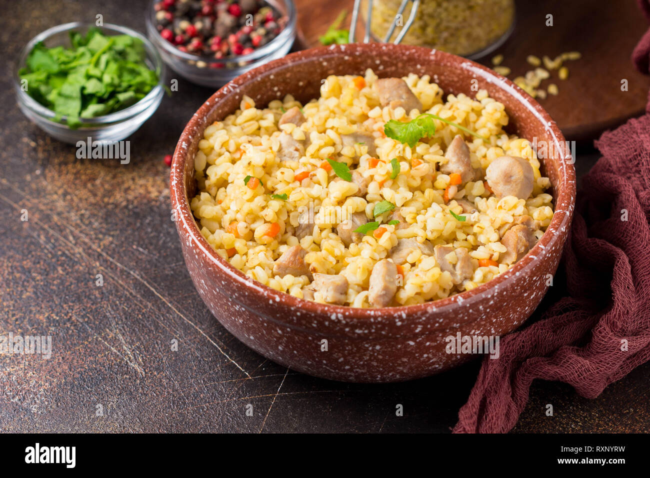 Bulgur with turkey, pork or beef. Eastern dish of rice, delicious ...