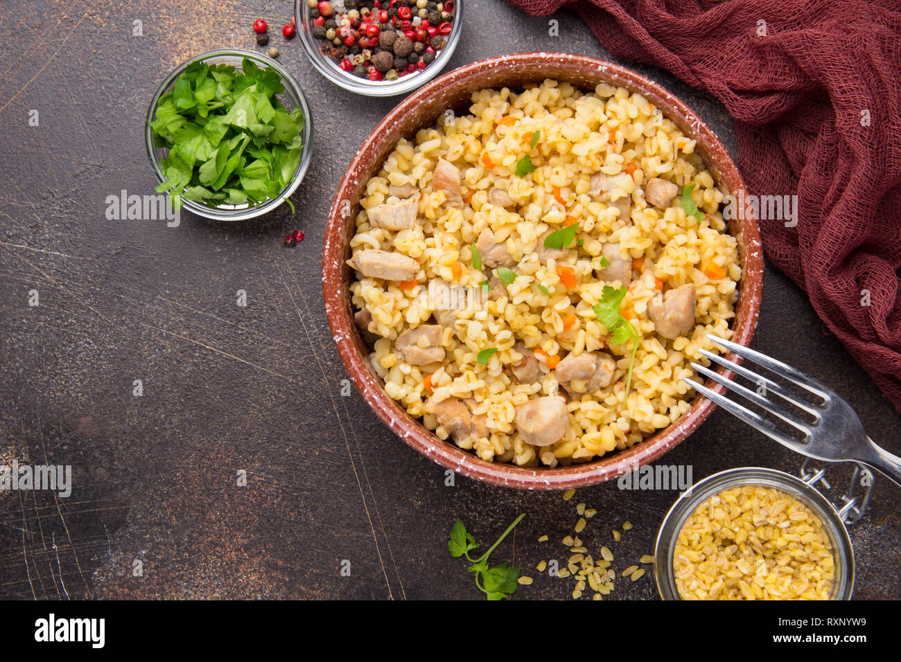 Bulgur with turkey, pork or beef. Eastern dish of rice, delicious ...