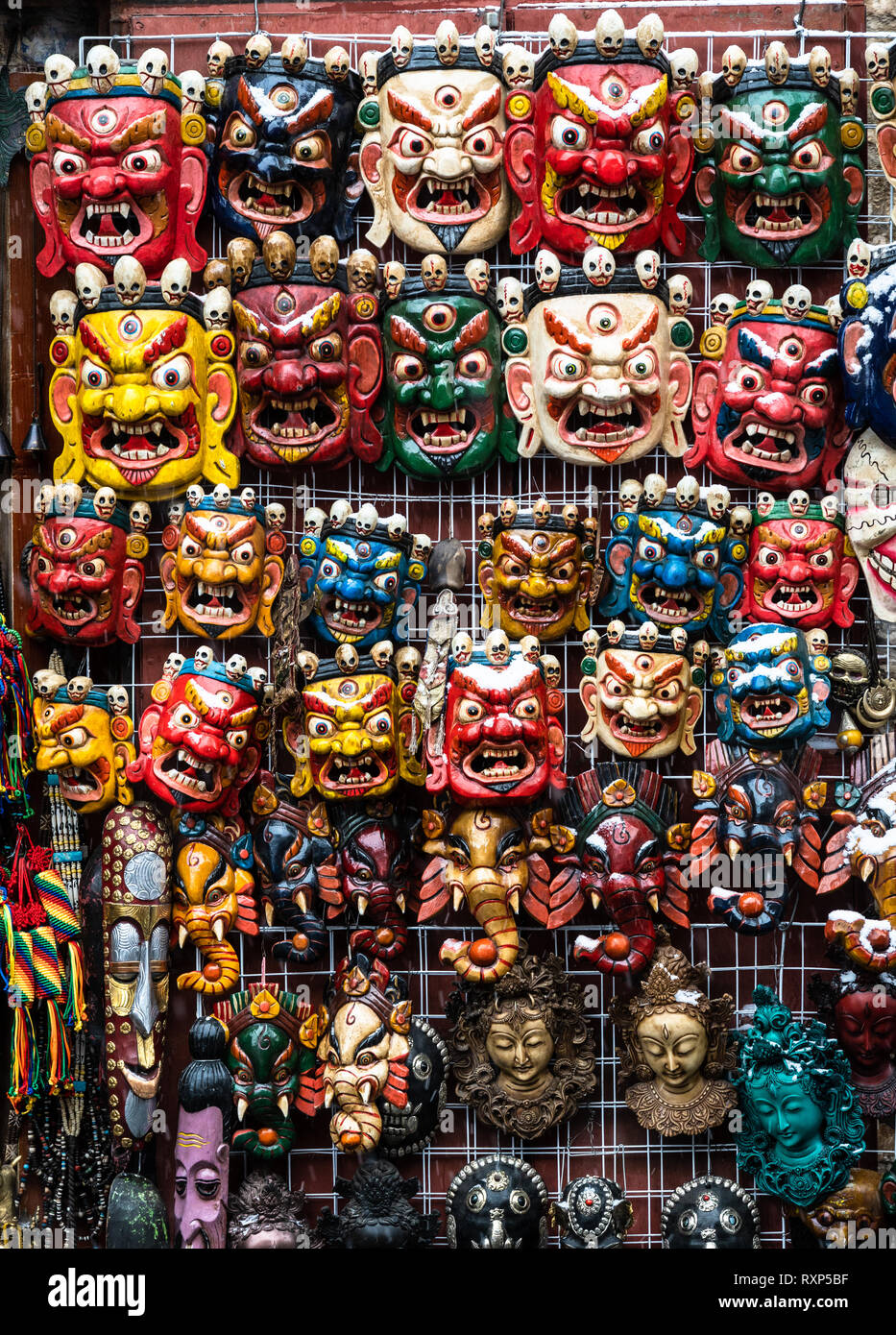 Tibetan Buddhist demon mask displayed in a shop in Lhasa in Tibet ...