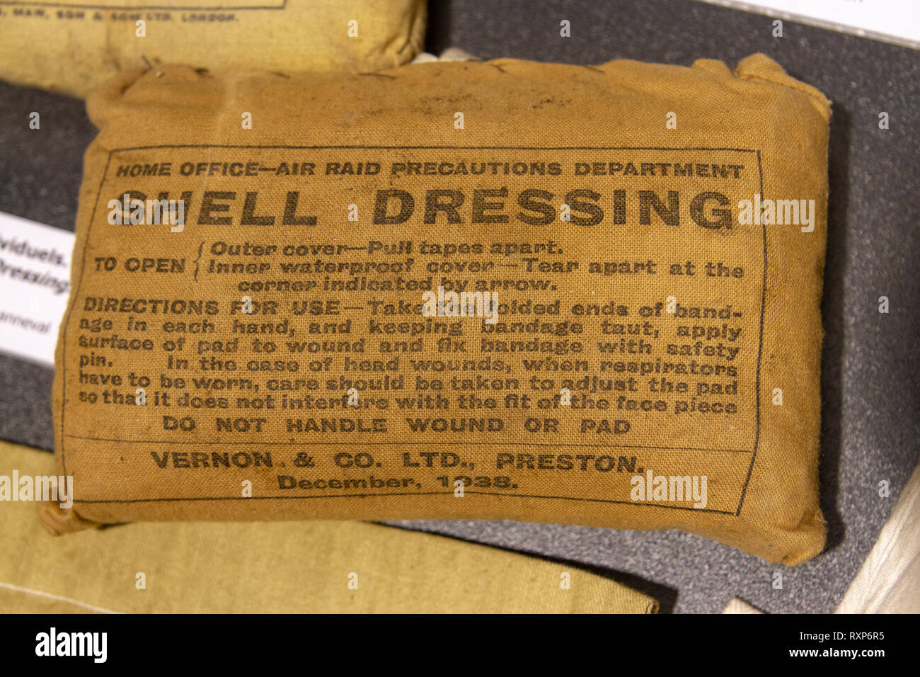 A British Army issued shell dressing on display at the Juno Beach ...