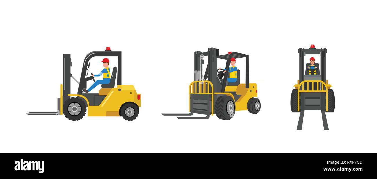 Forklift truck with worker driving isolated on white vector ...