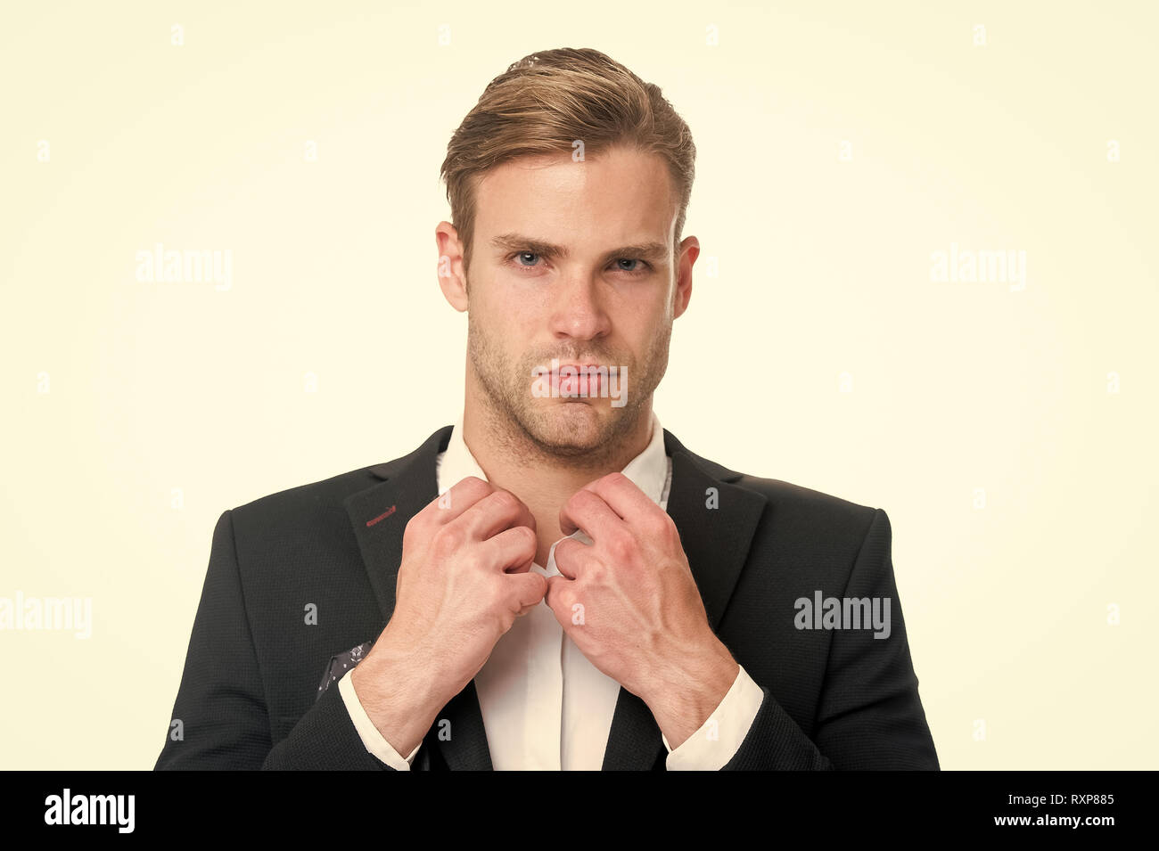 White collar worker. Man well groomed buttoning white collar elegant ...