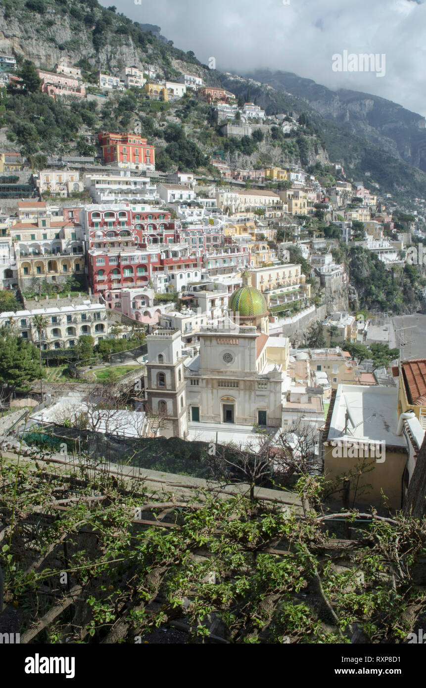 Positano view over the town and church Stock Photo - Alamy