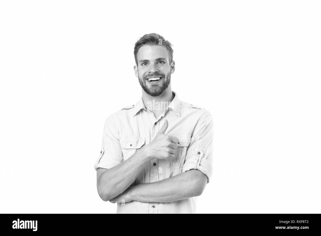 Best choice. Man handsome bearded guy smiling on white background ...