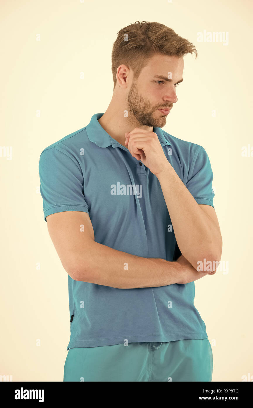 Serious about staying in shape. Man sporty outfit looks serious and ...