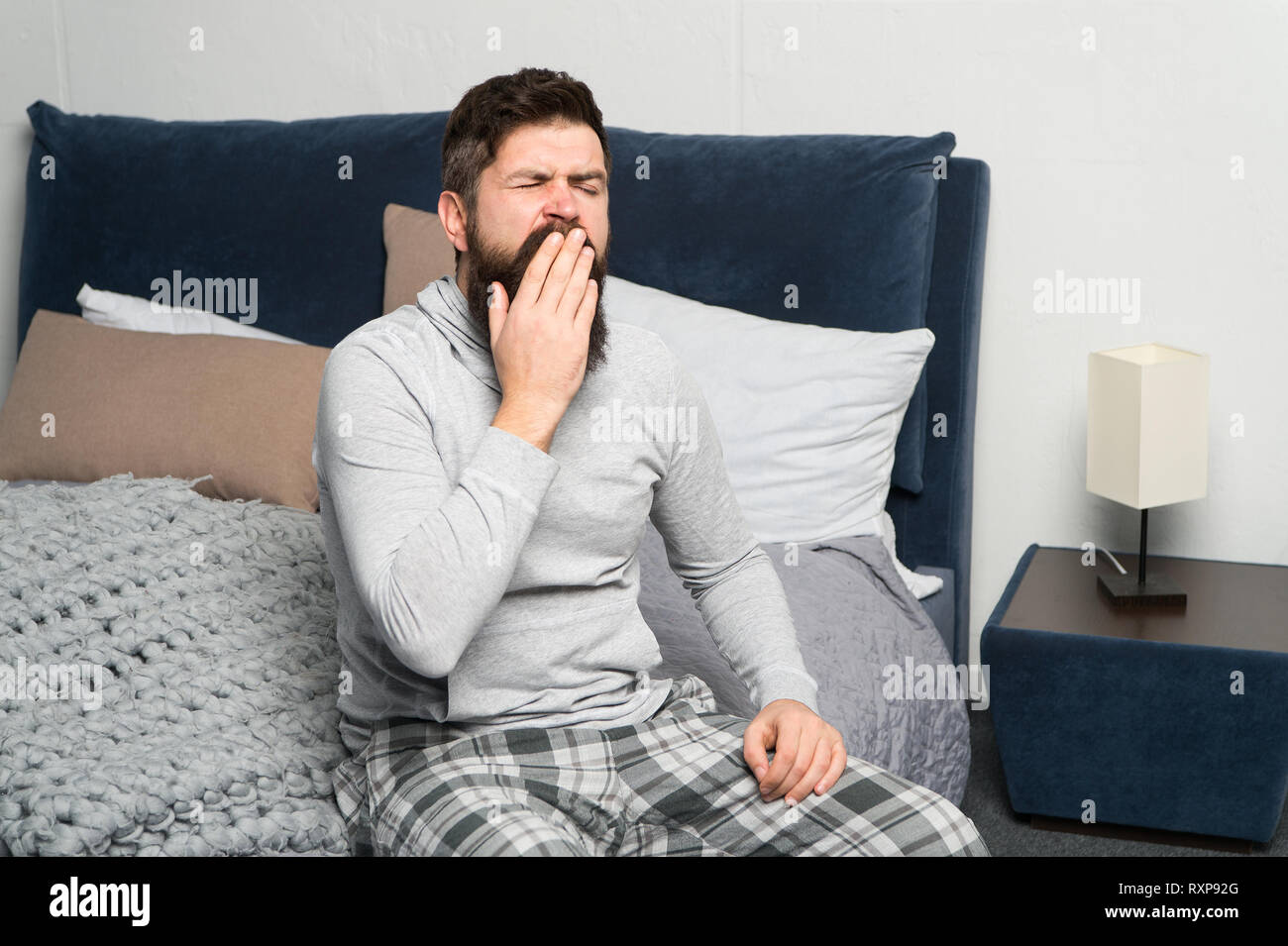 Sweet yawn. Get up early. Tips for waking up early. Man bearded hipster ...