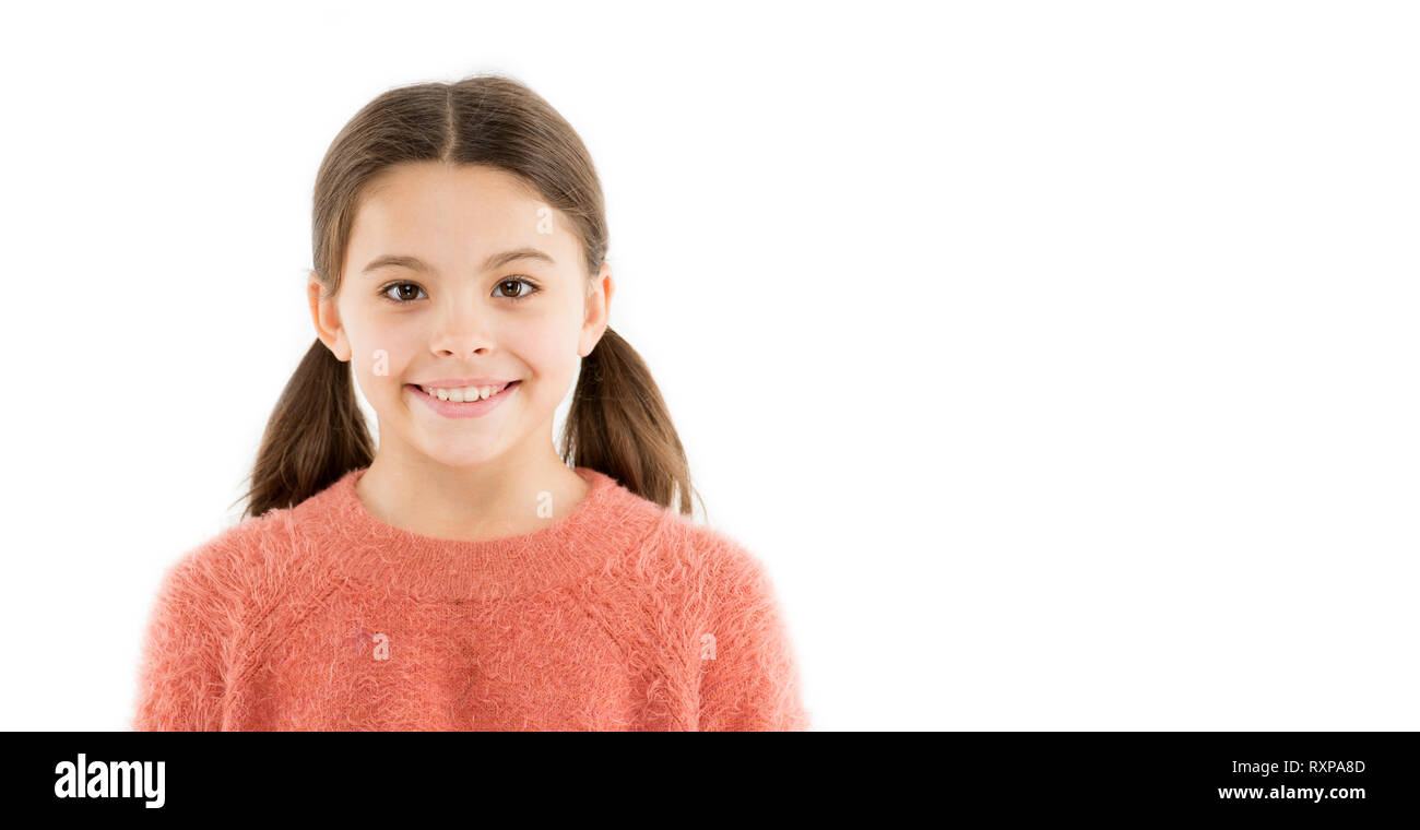 Brilliant smile. Child happy cheerful enjoy childhood. Girl adorable ...