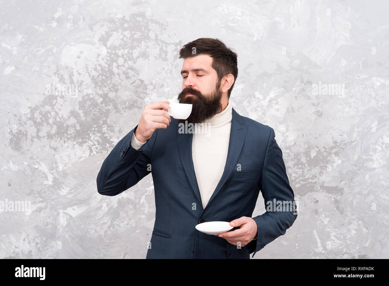 Best coffee served for him. Specialty coffee. Man handsome bearded ...