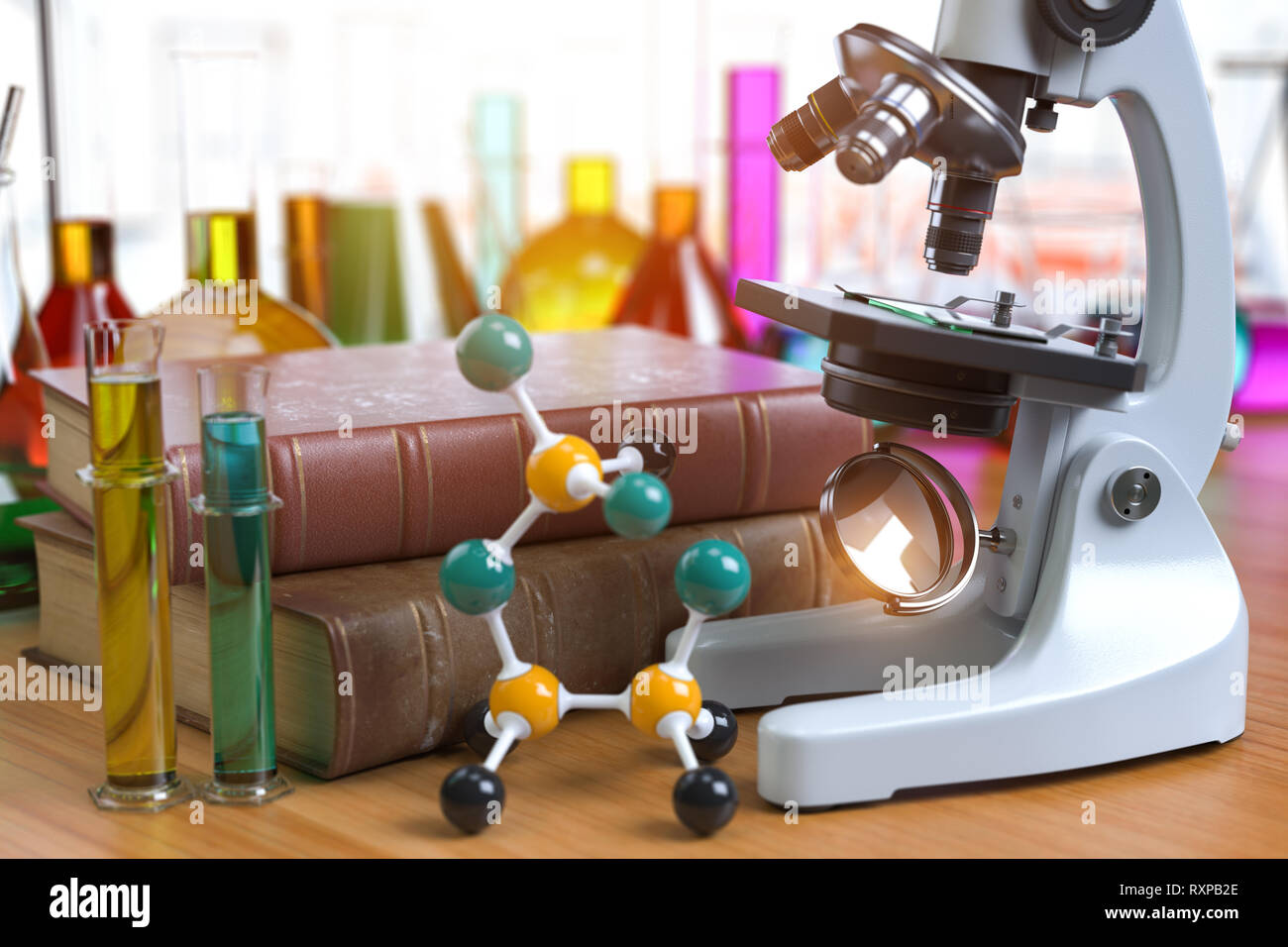 Microscope with alboratory equipmente flasks and vials. Chemistry ...
