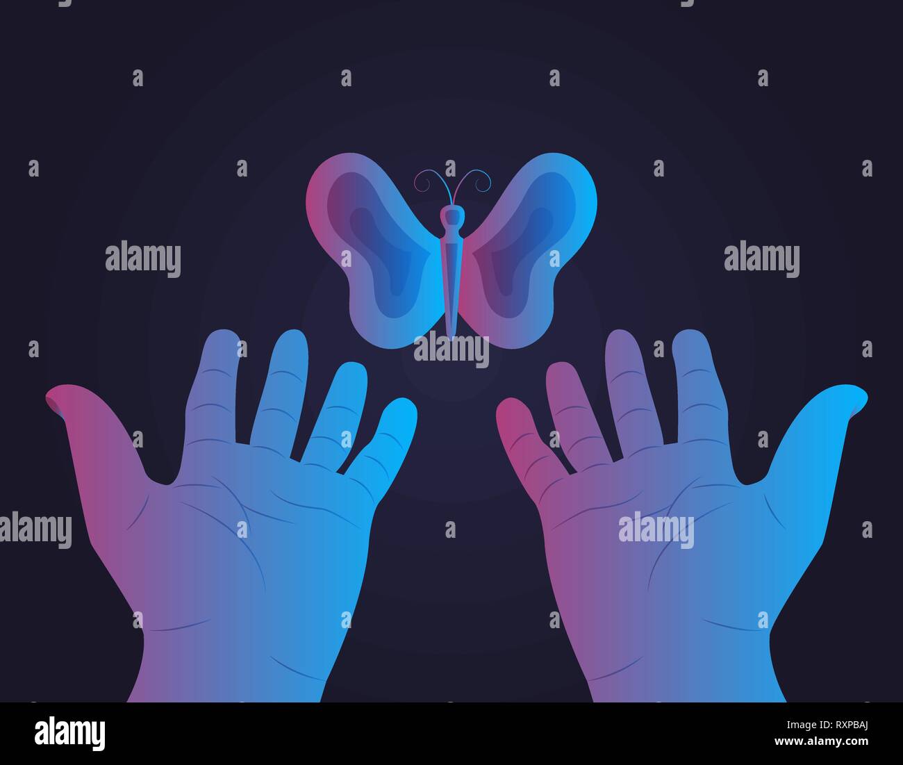 A butterfly flies near the hands of a person, a person lets go or ...