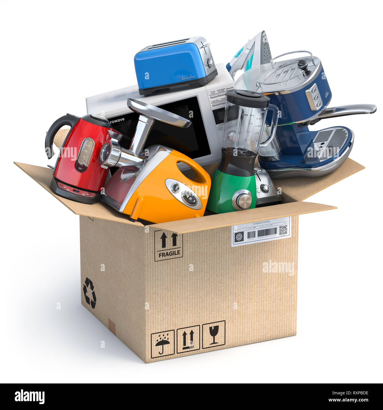 Household kitchen appliances in open cardboard box. Delivery, e ...