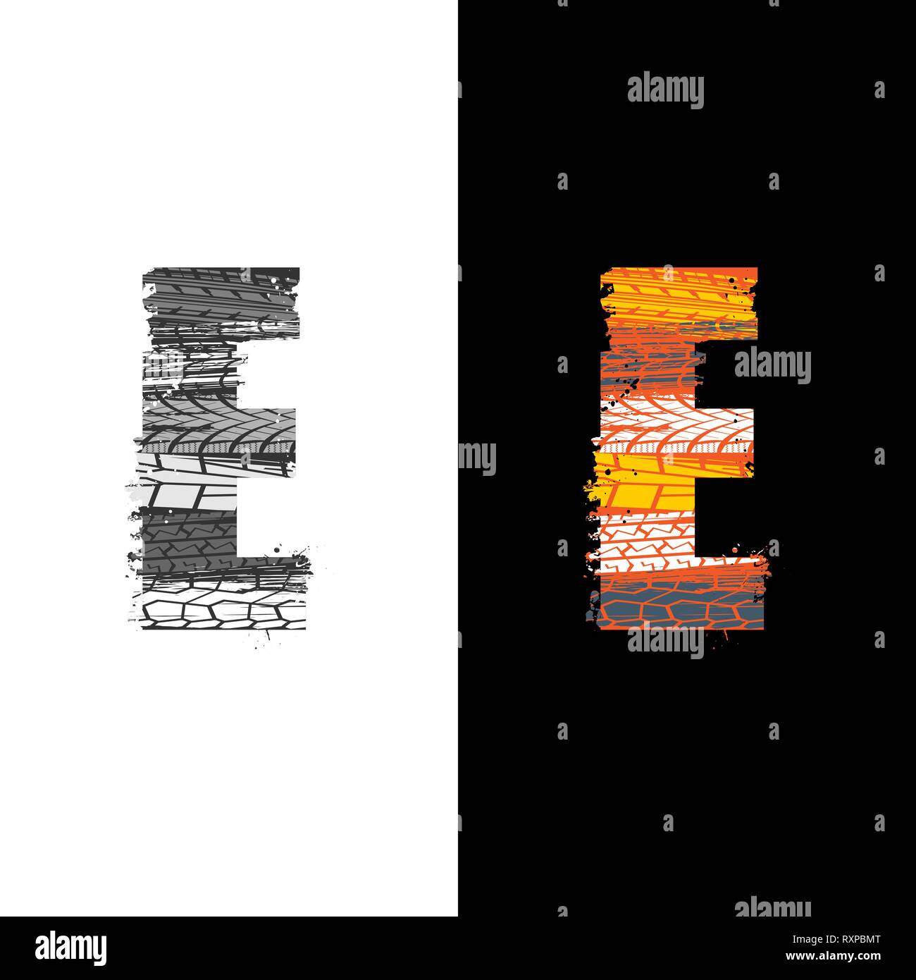 Two grunge letter E with tire tracks isolated on differennt backgrounds ...