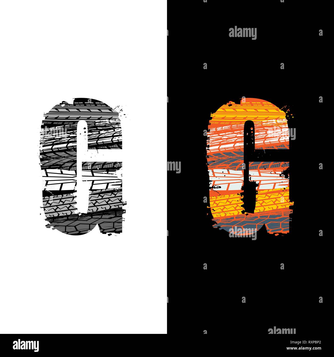 Two grunge letter G with tire tracks isolated on differennt backgrounds ...