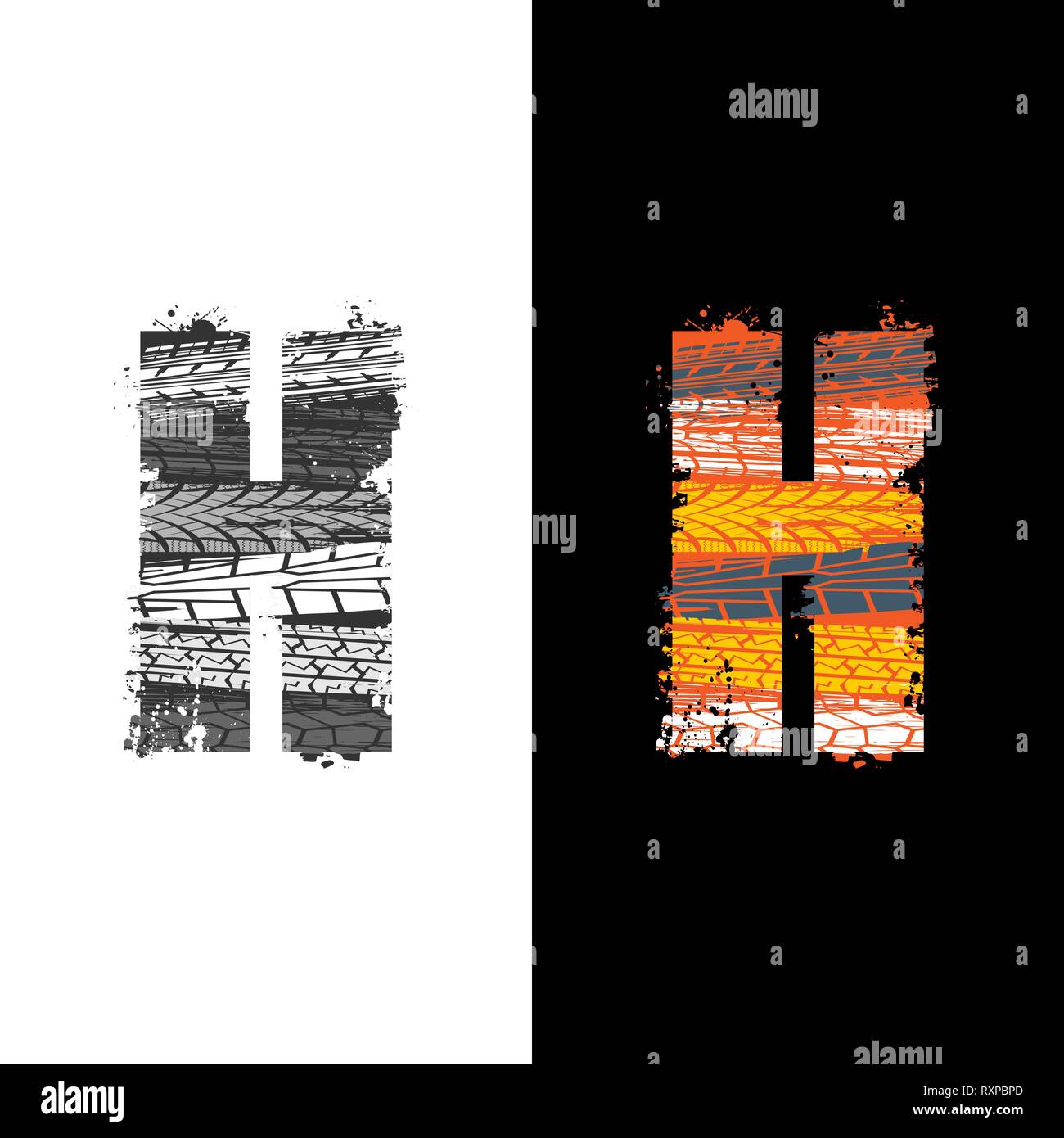 Two grunge letter H with tire tracks isolated on differennt backgrounds ...