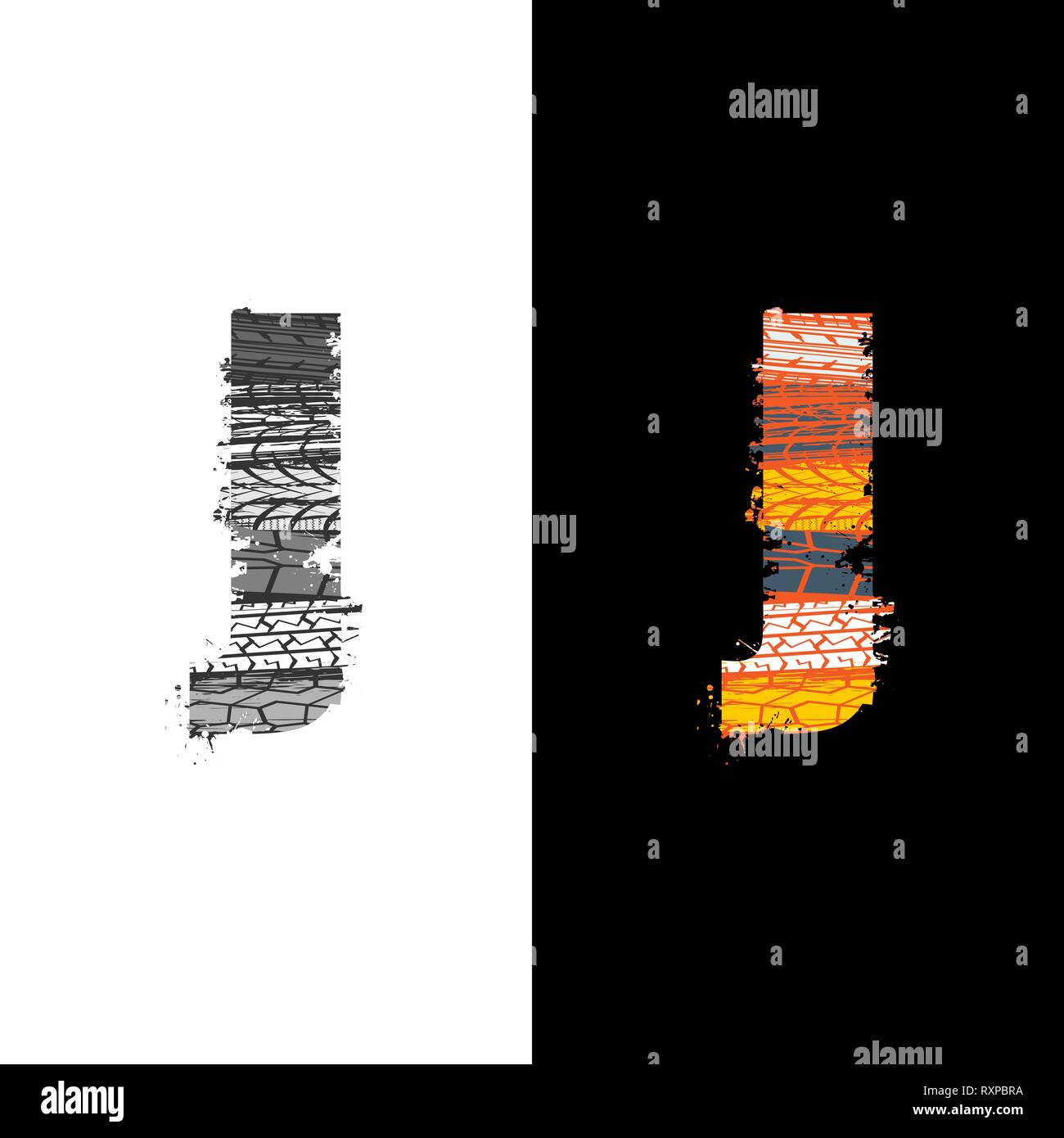 Two grunge letter J with tire tracks isolated on differennt backgrounds ...