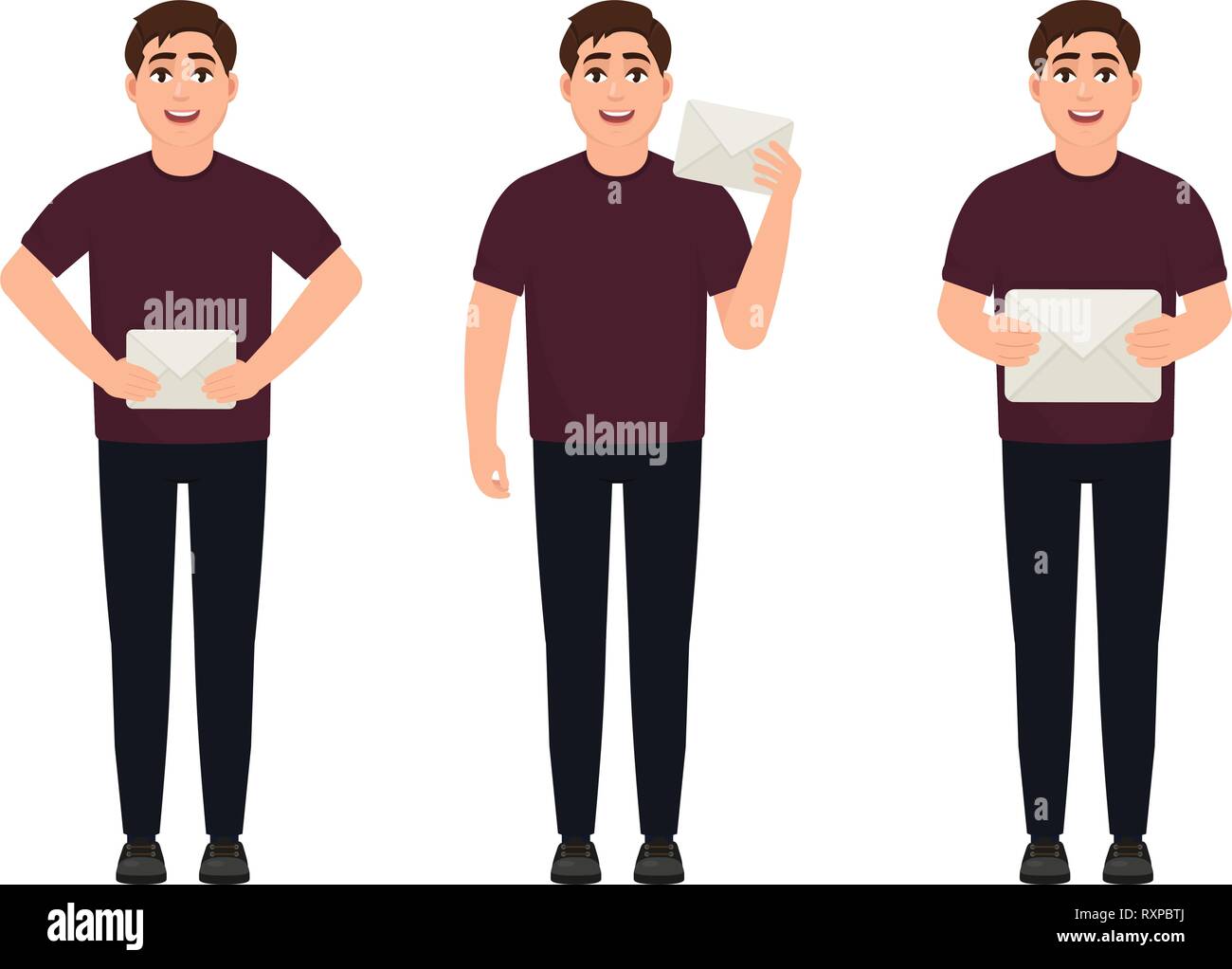 A young man holds white envelopes, a man brings or receives mail, a man ...
