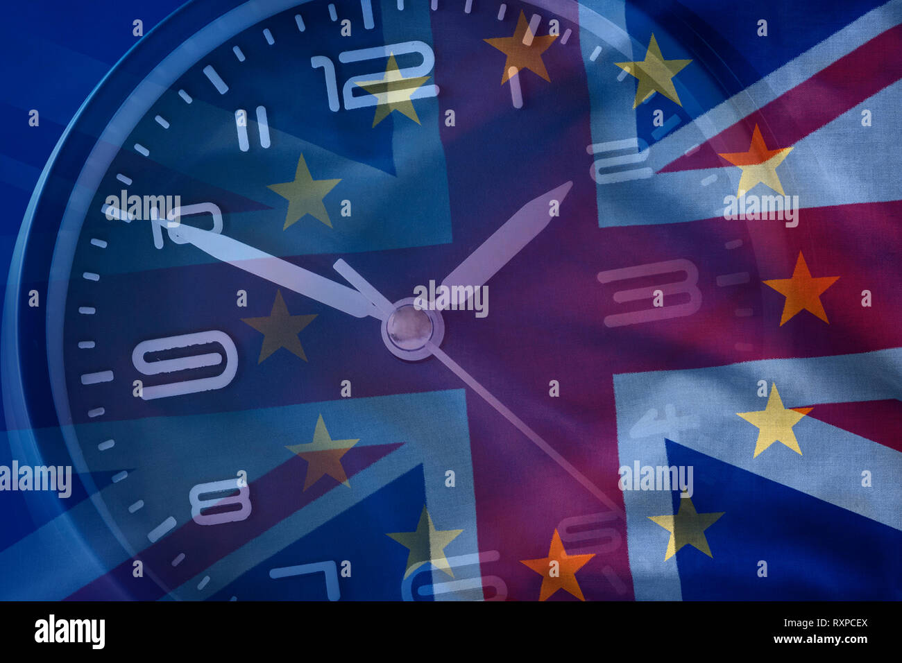 Composite of the EU and British flags with a clock conceptual of Brexit ...