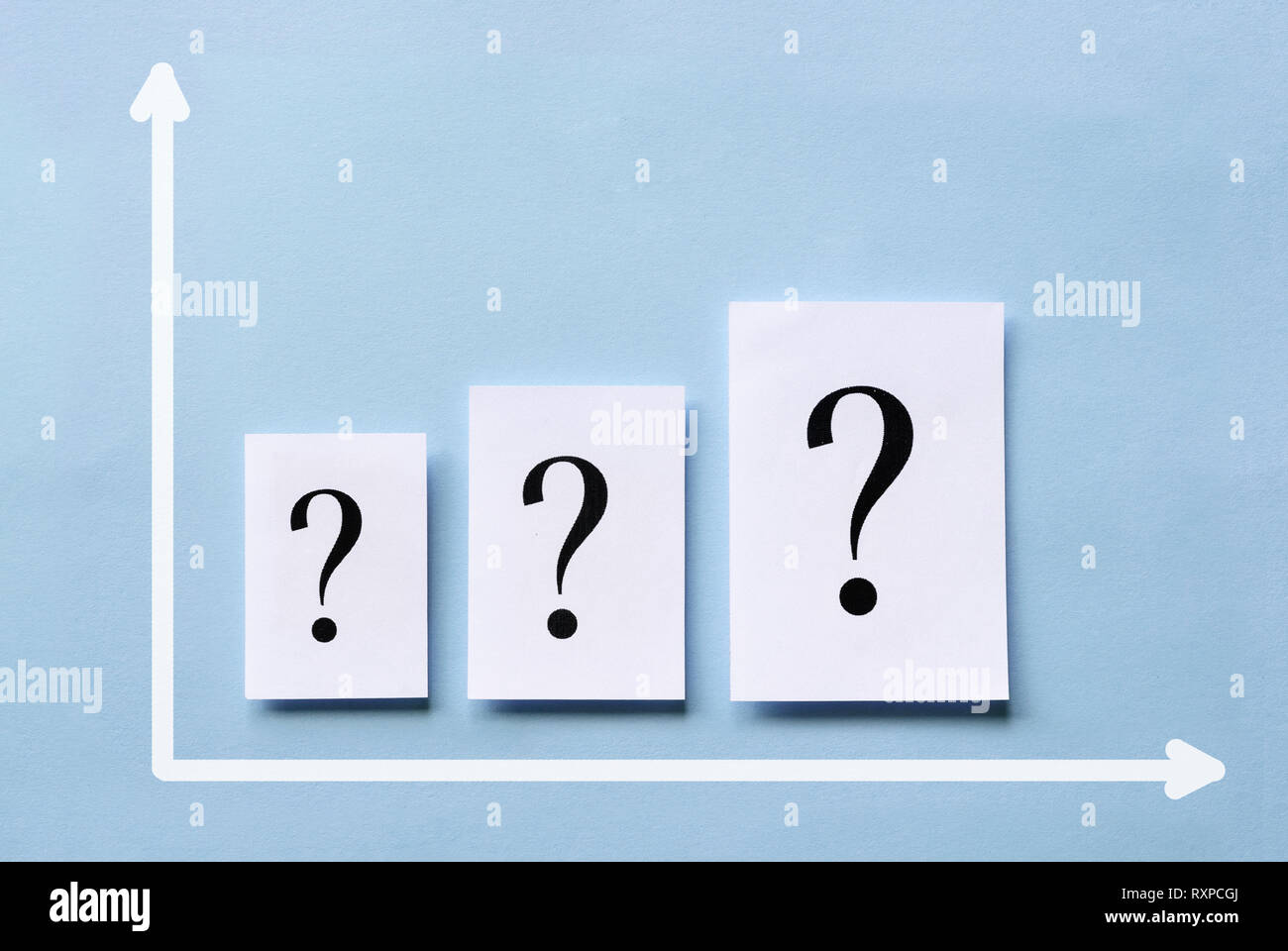 Business chart with a line of question marks printed on white cards ...