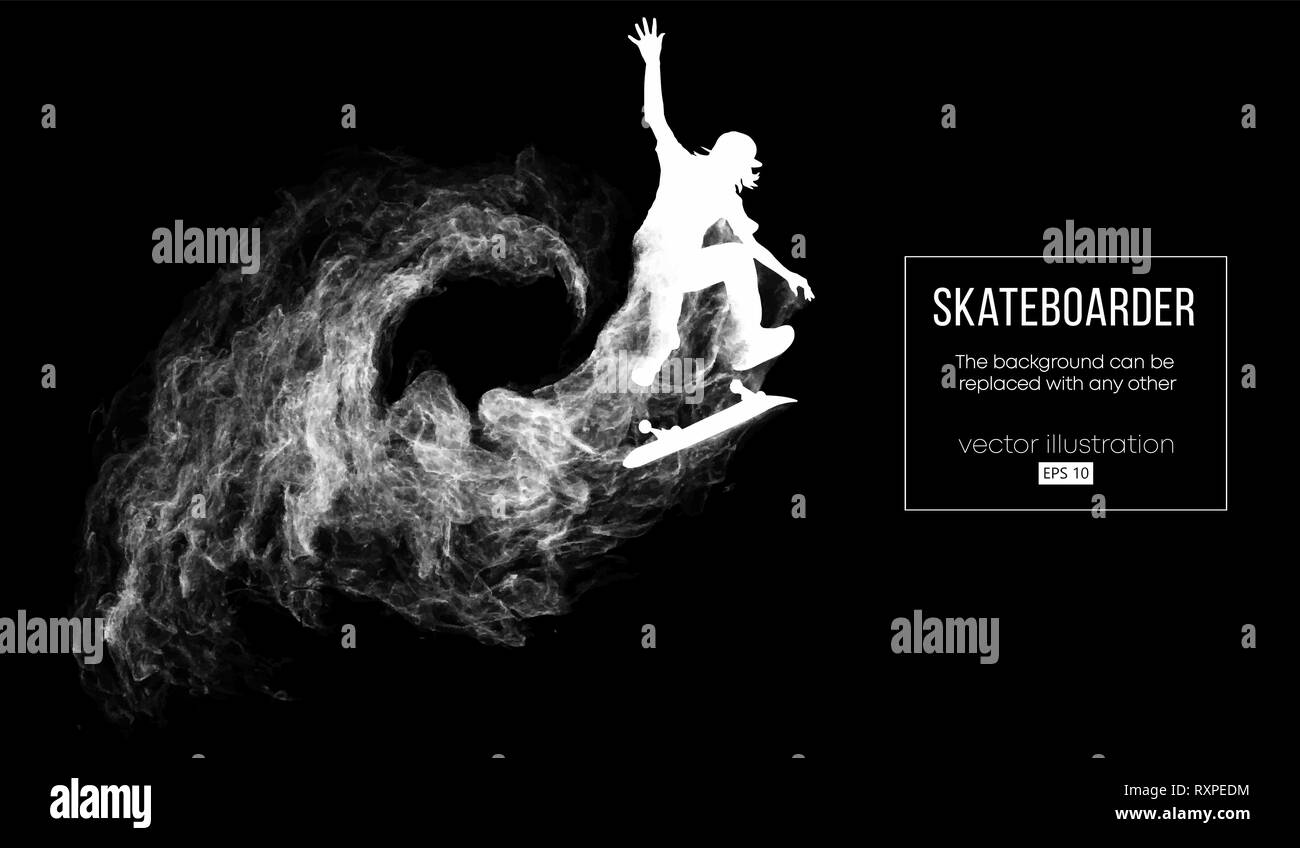 Abstract silhouette of a skateboarder on the dark black background ...