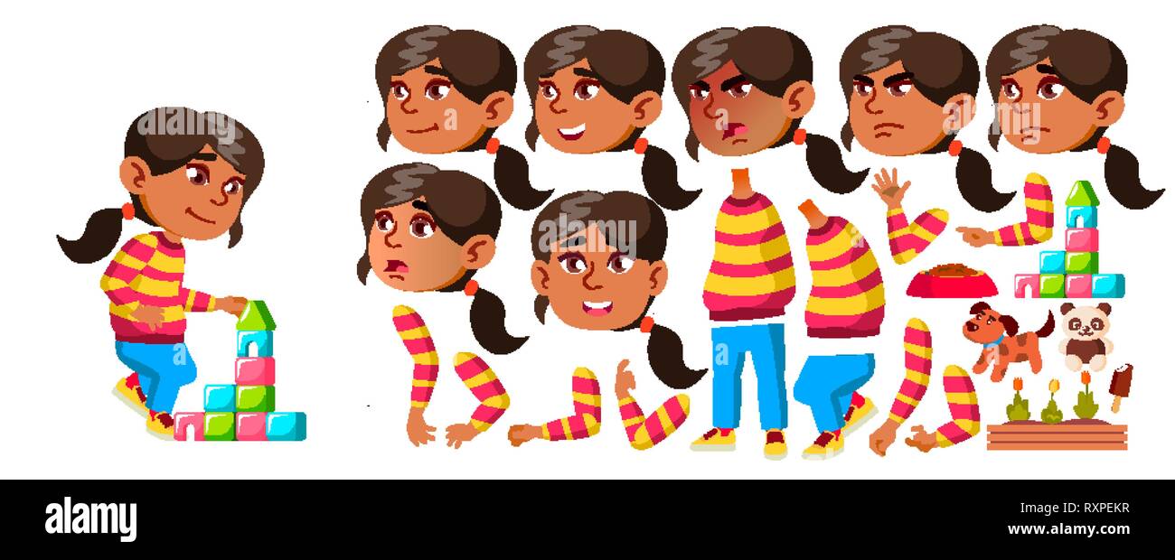 Arab, Muslim Girl Kindergarten Kid Vector. Animation Creation Set. Face ...