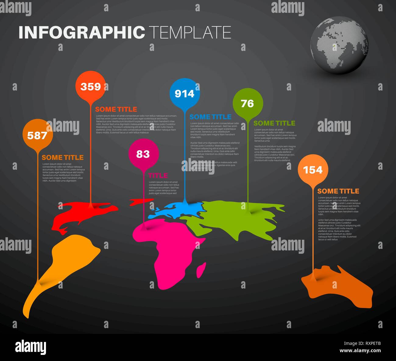 Light World map infographic template with droplet pointer marks - dark version Stock Vector ...