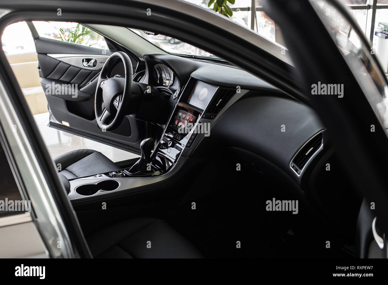 details of the car interior, black leather interior Stock Photo - Alamy