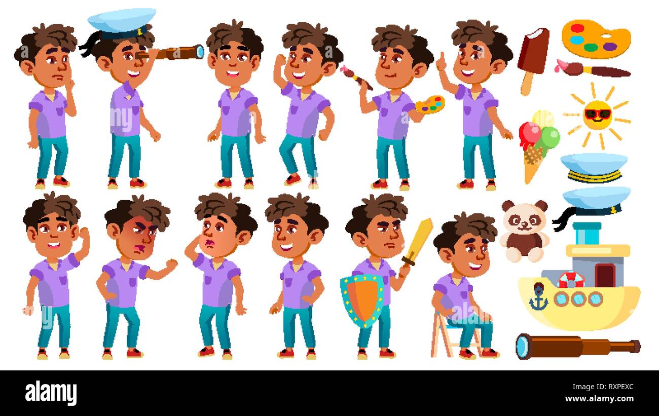 Arab, Muslim Boy Kindergarten Kid Poses Set Vector. Baby Expression ...