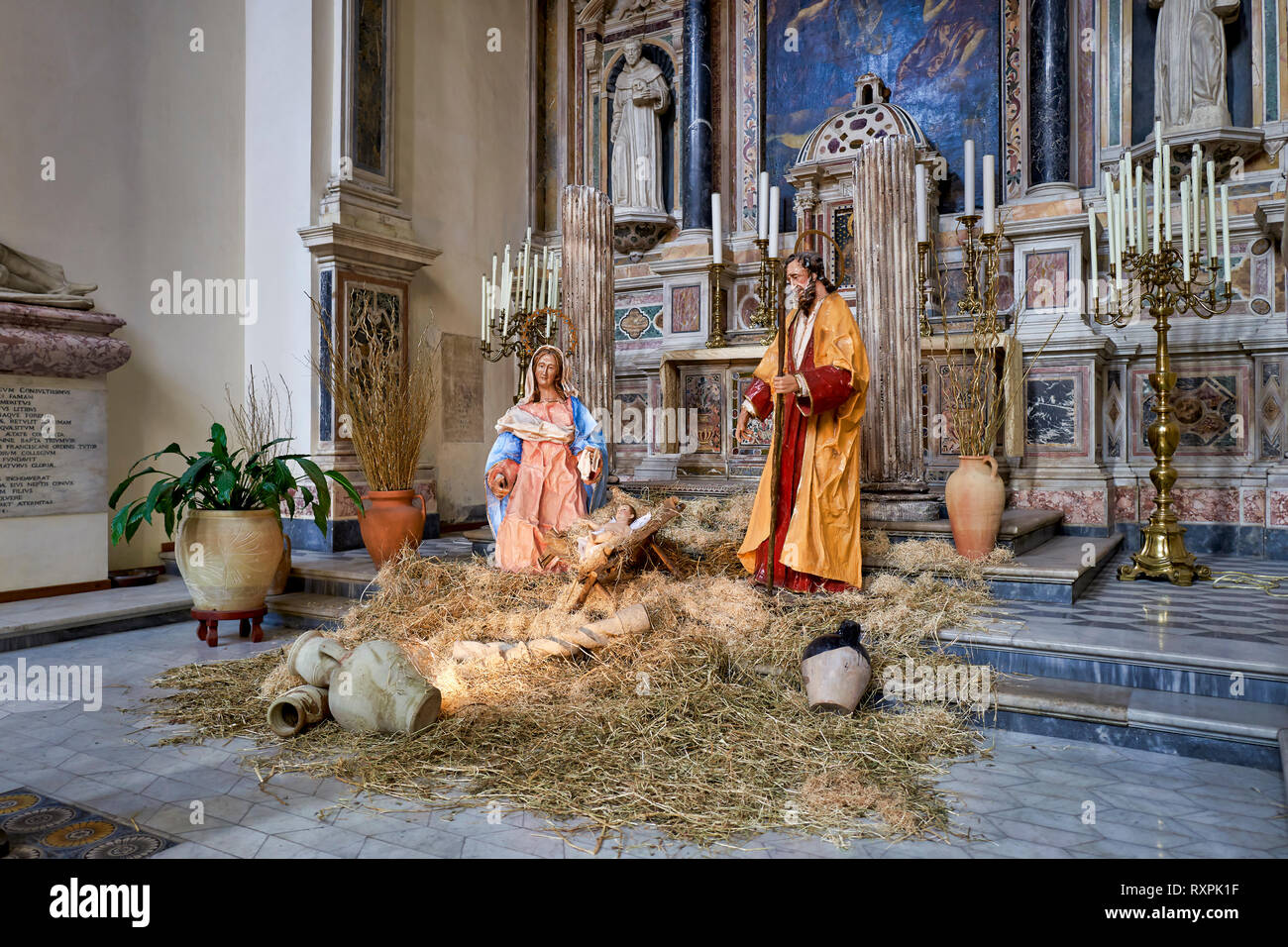 Naples Campania Italy. A nativity scene on the altar of a baroque ...