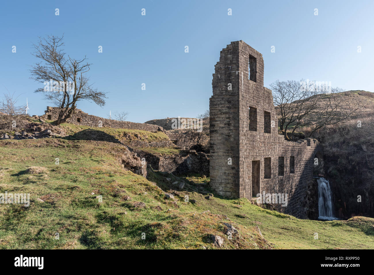 The ruins of Cheesden Lum Mill and waterfall near Haywood, Greater ...