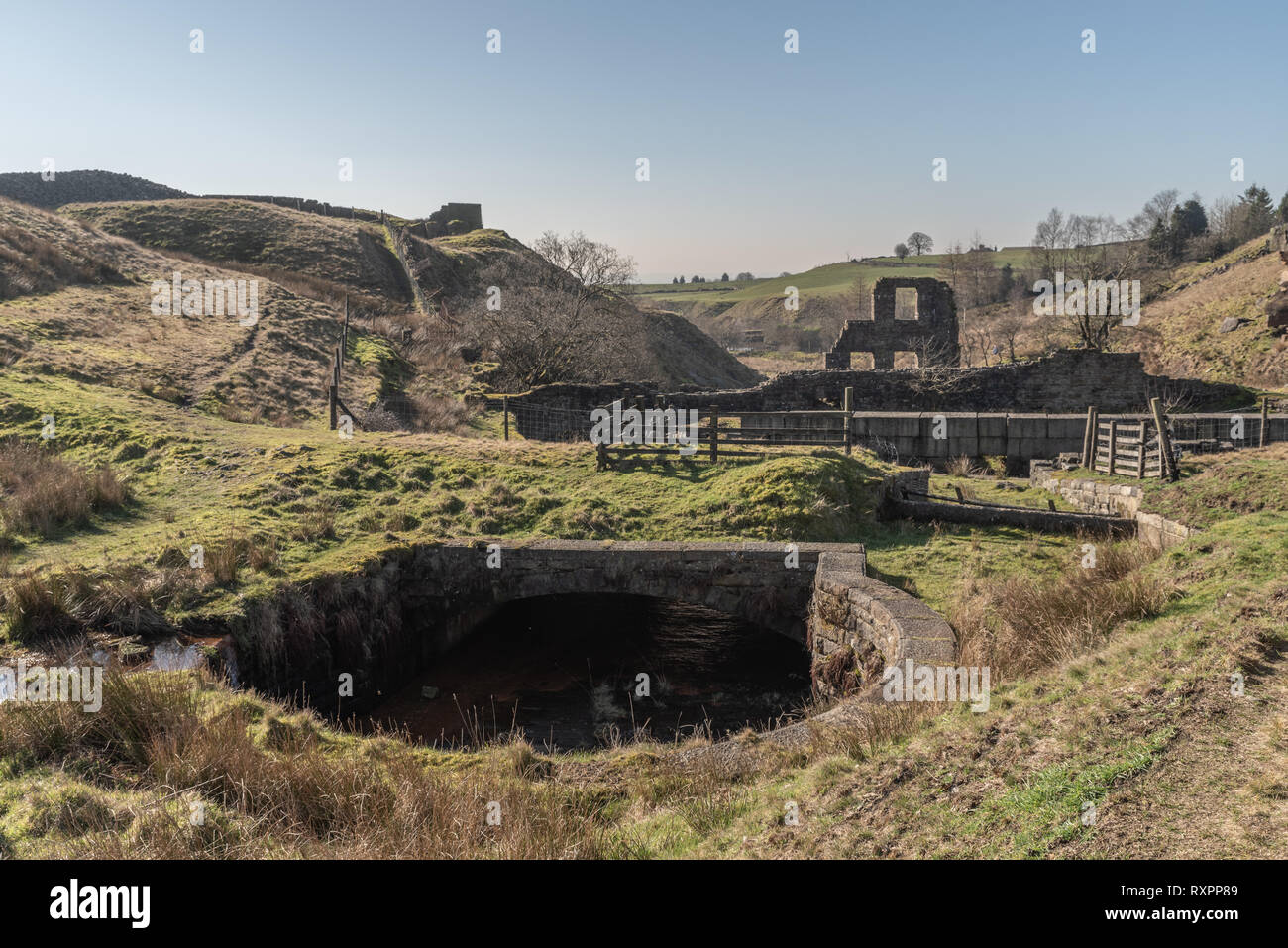 The ruins of Cheesden Lum Mill and waterfall near Haywood, Greater ...