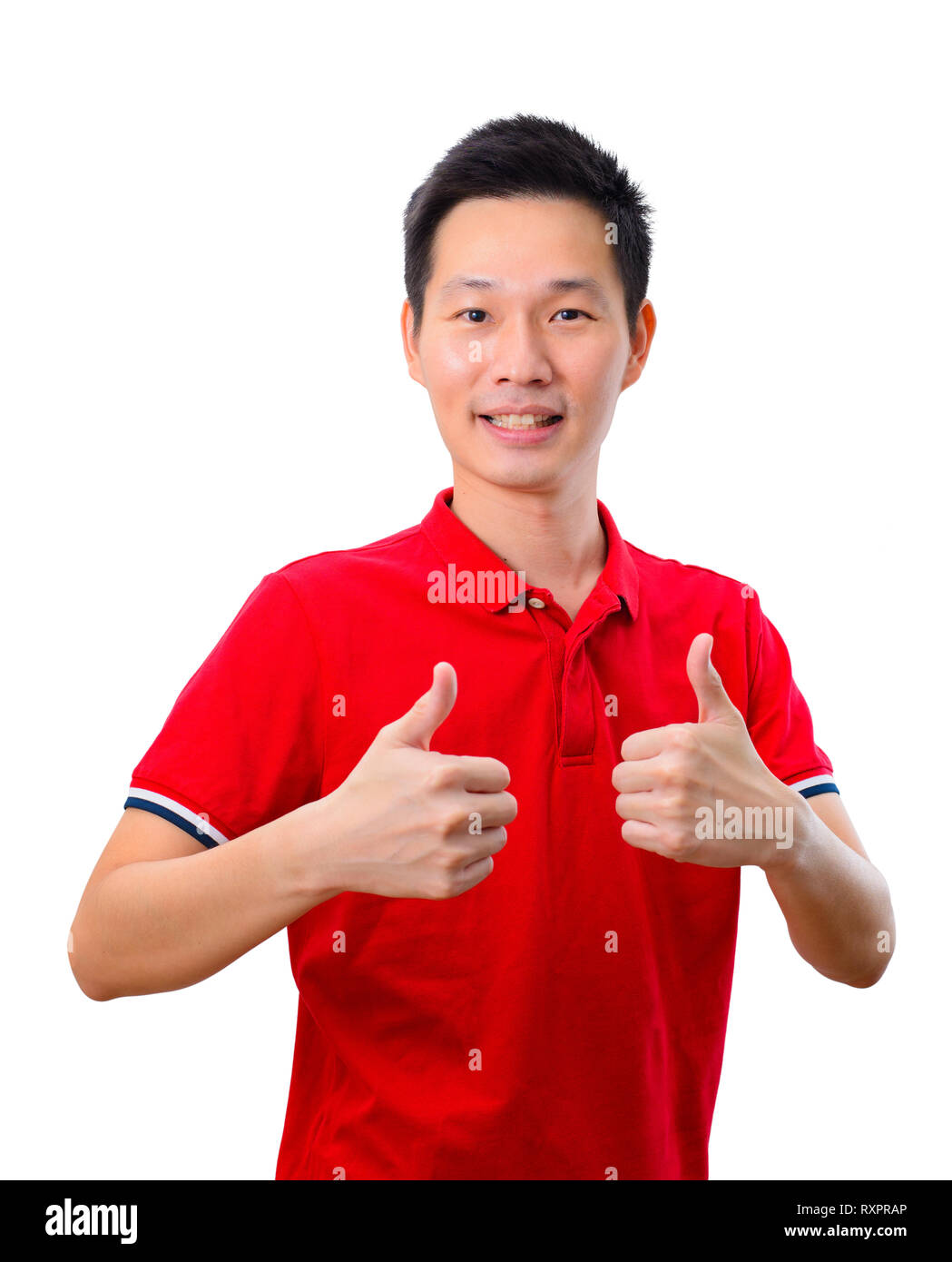 Portrait handsome asian man giving double thumb up on white background ...
