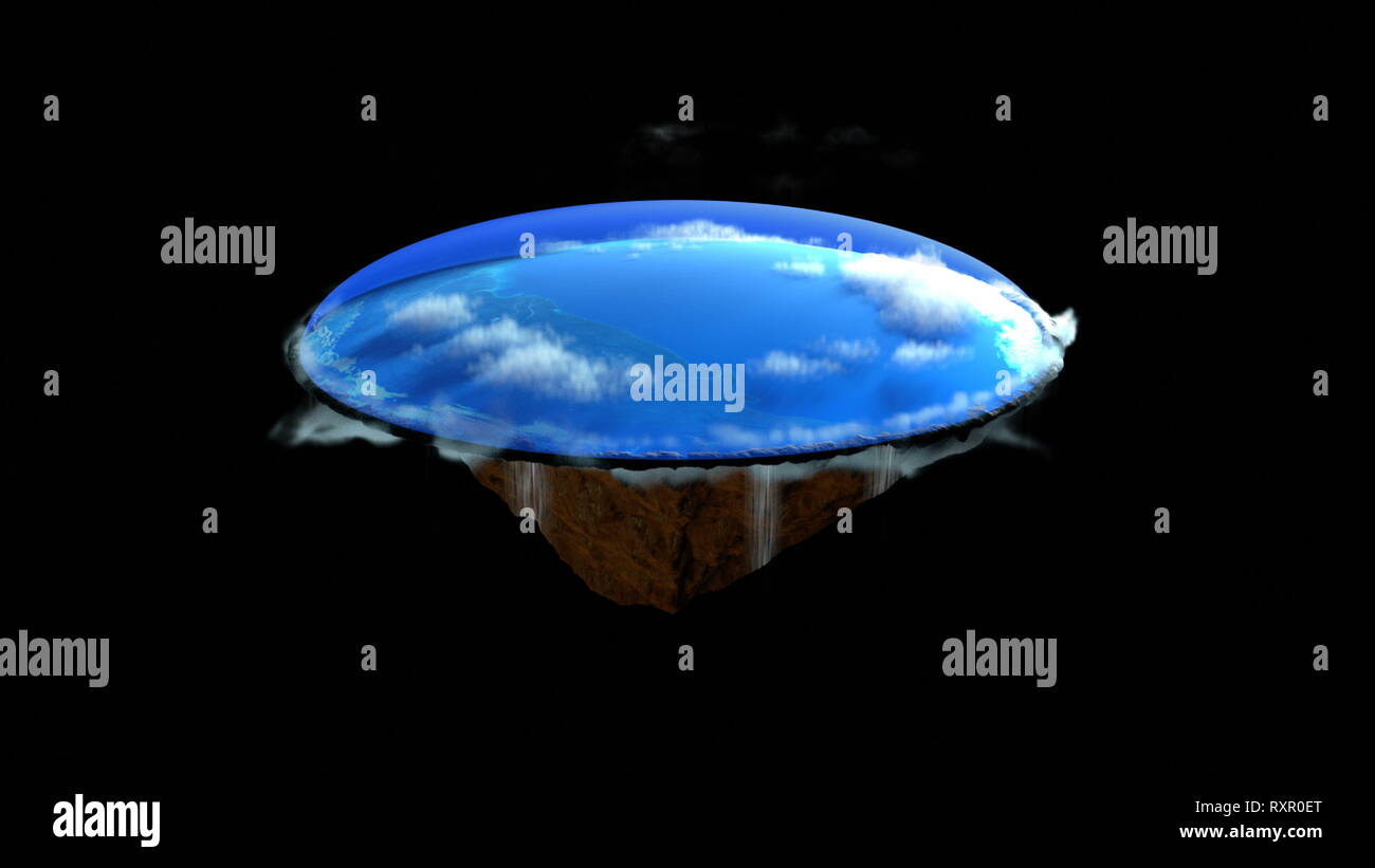 Flat earth with nature landscape, ancient belief in plane globe in form ...