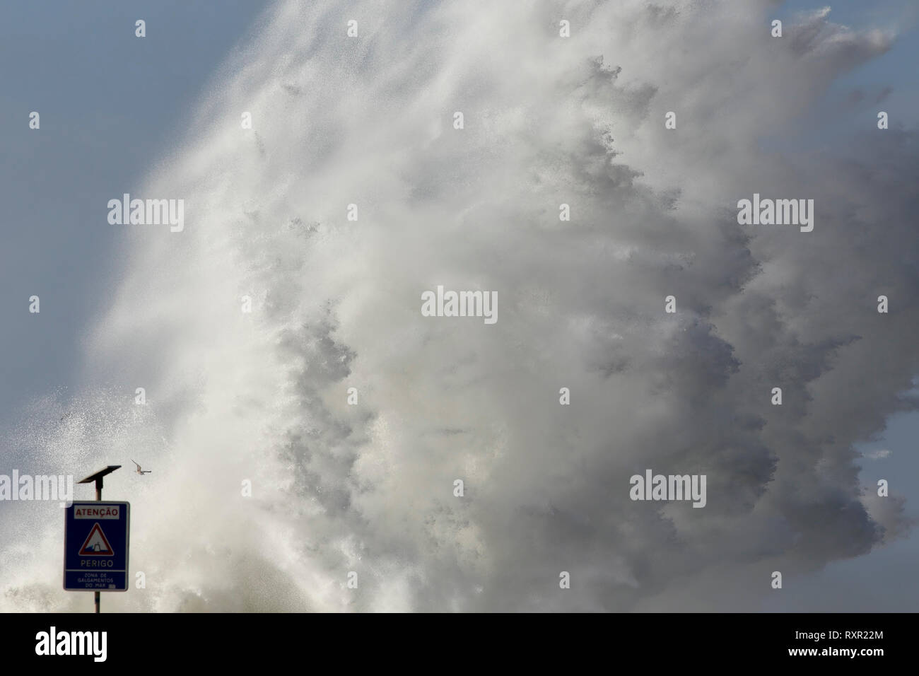 Dangerous big wave splash seeing warning signs. Northern portuguese ...