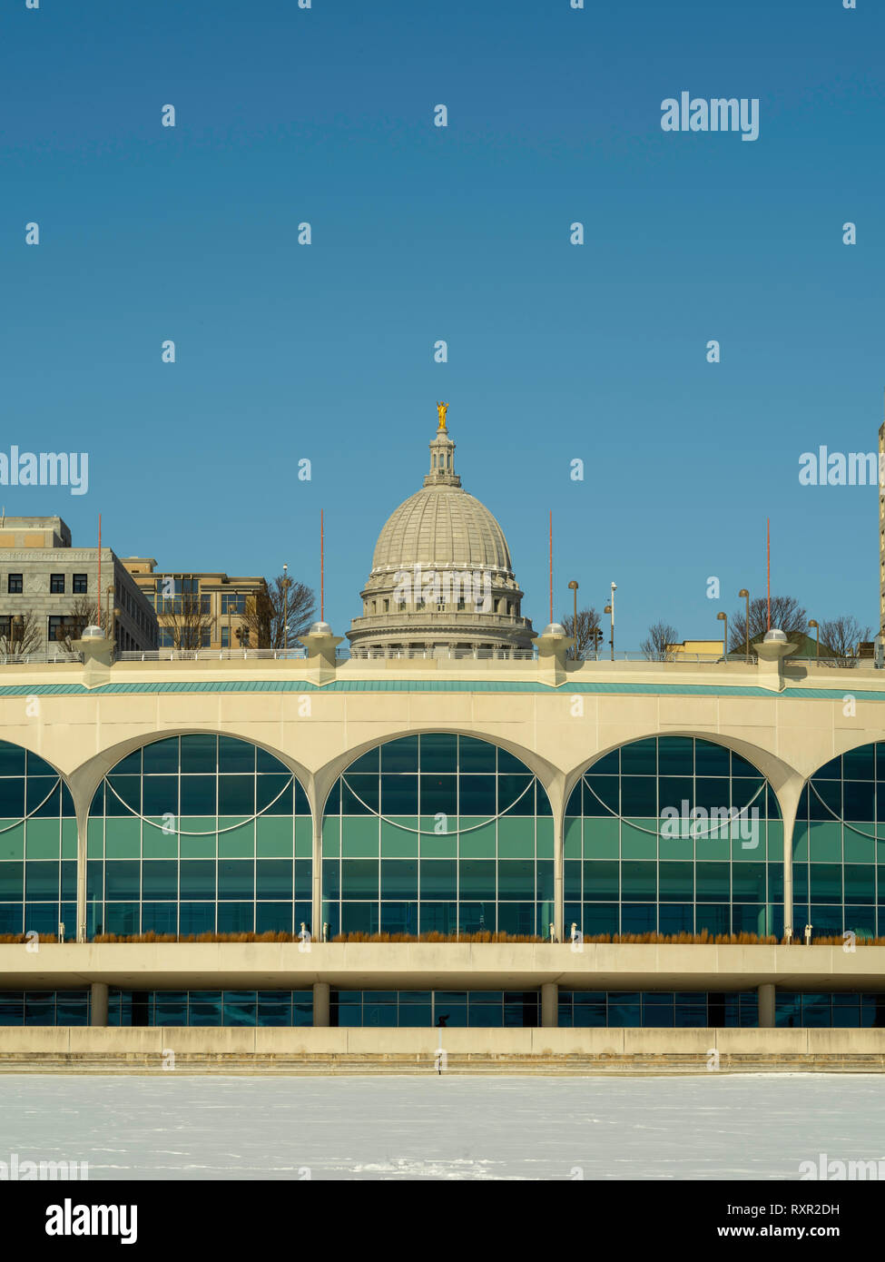 View of the Monona Terrace Convention Center, taken from frozen Lake ...