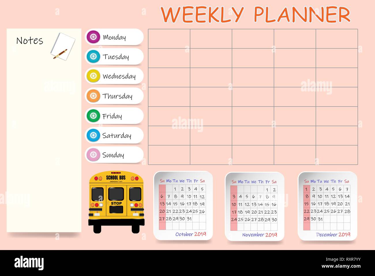 School calendar for the fourth quarter of 2019 and blank weekly planner ...