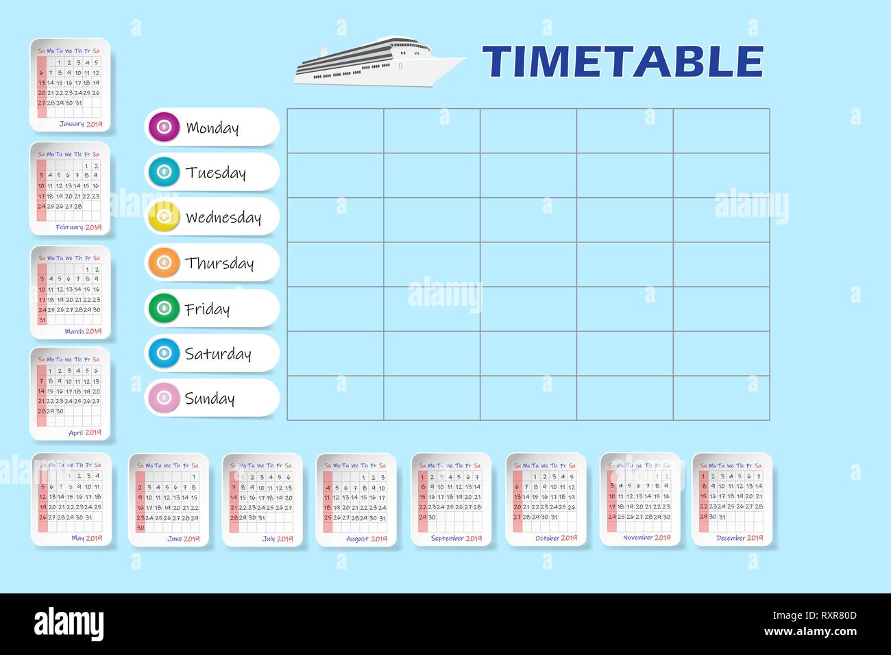 Vector calendar for year 2019 and blank weekly shipping timetable on ...