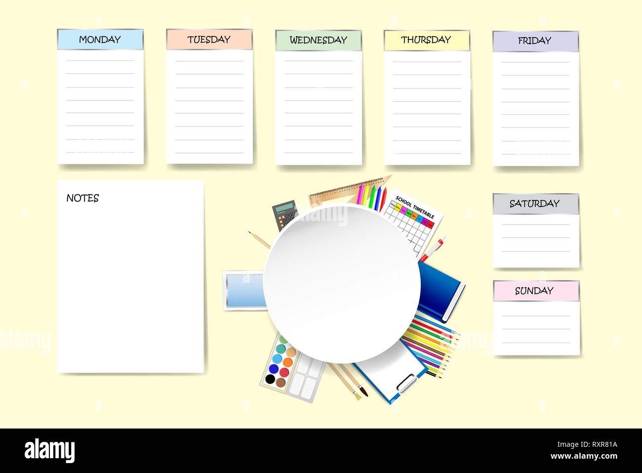 School weekly planner with free place for your notes on light yellow ...