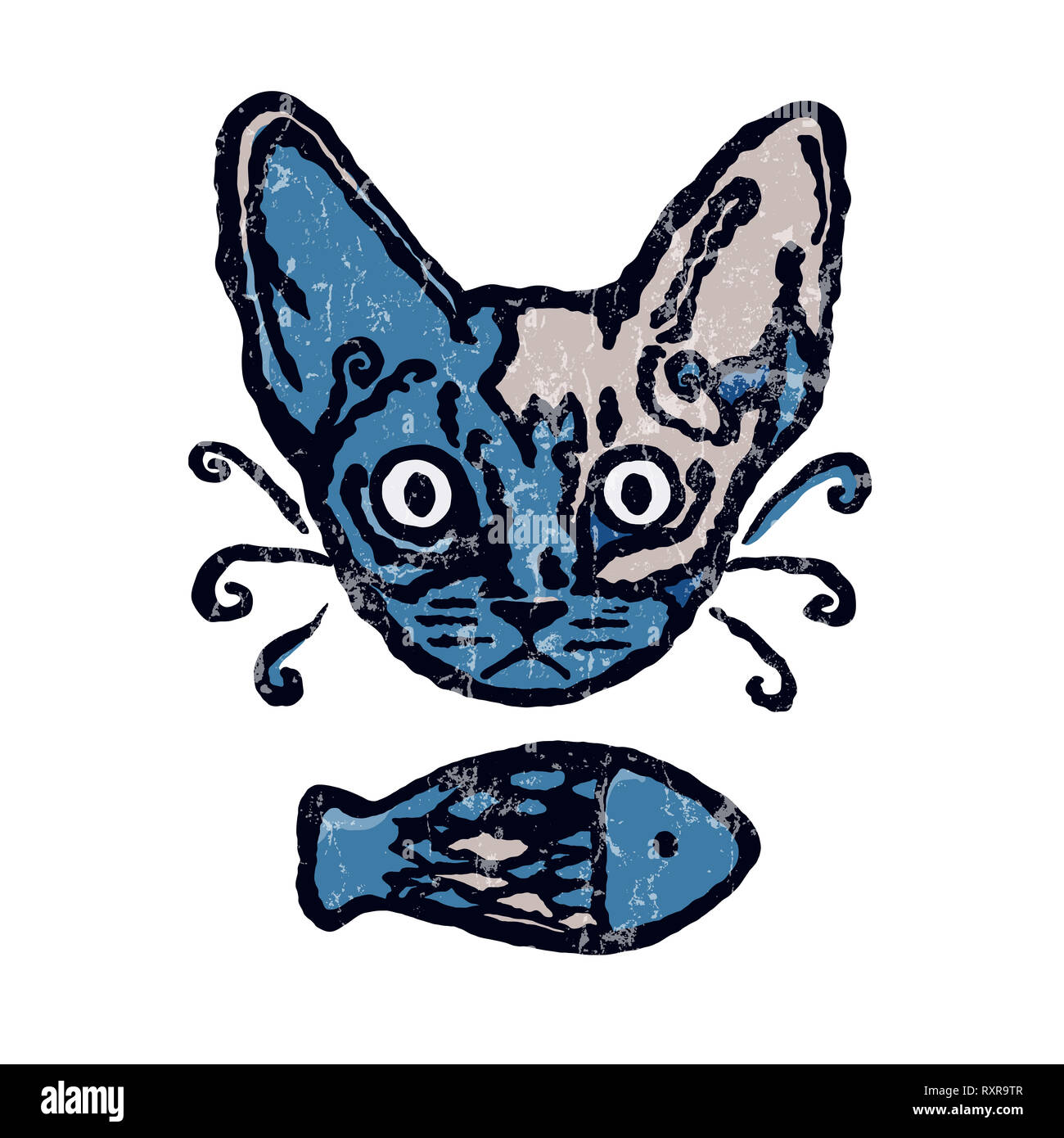 Cute cat and fish, hand drawn illustration, texture effect Stock Photo ...