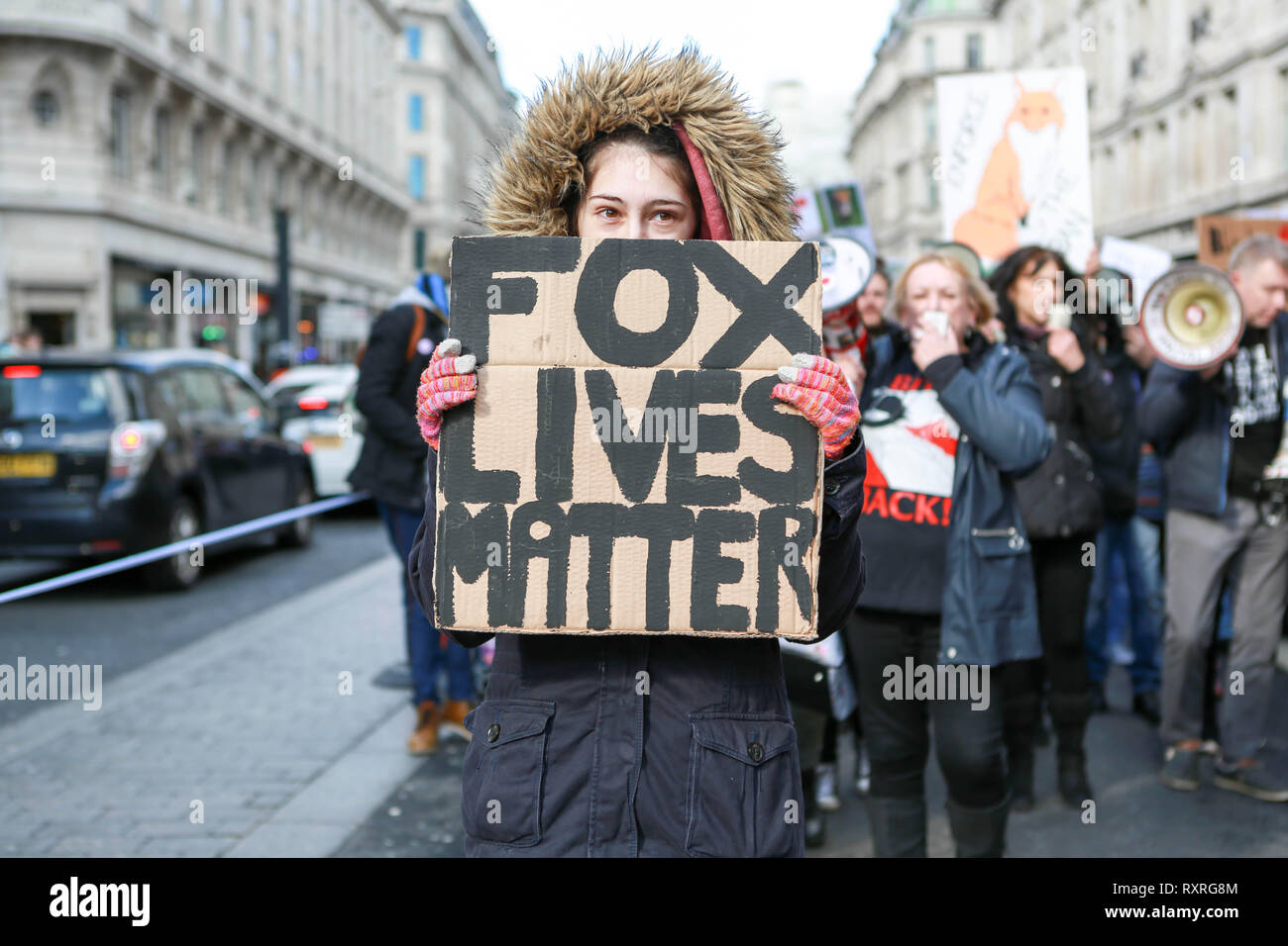 London, UK. 10th Mar, 2019. Protesters gather in Cavendish Square ...