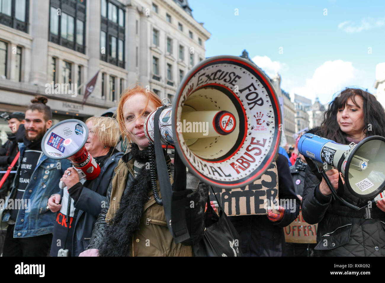London, UK. 10th Mar, 2019. Protesters gather in Cavendish Square ...