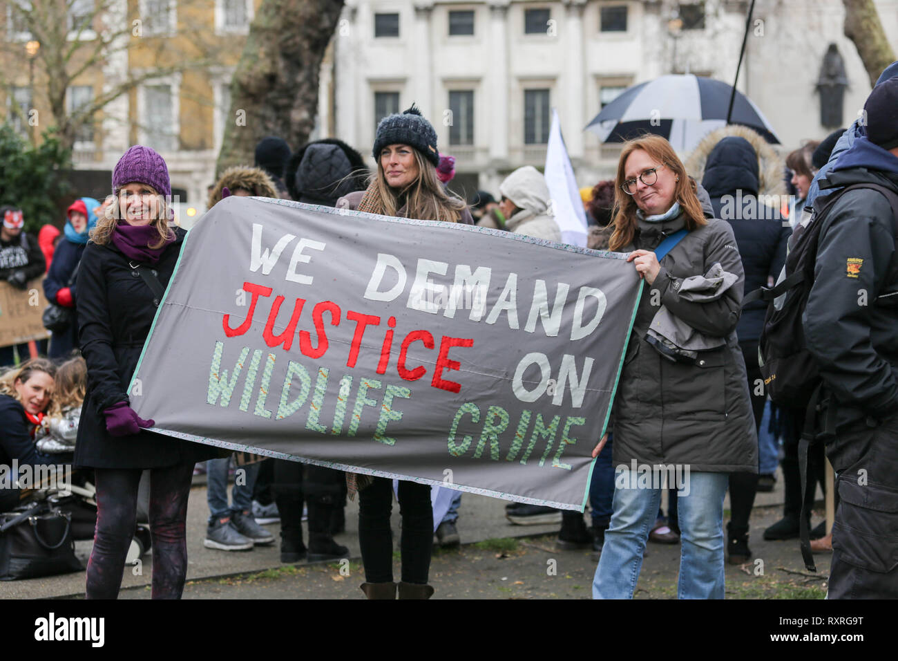 London, UK. 10th Mar, 2019. Protesters gather in Cavendish Square ...