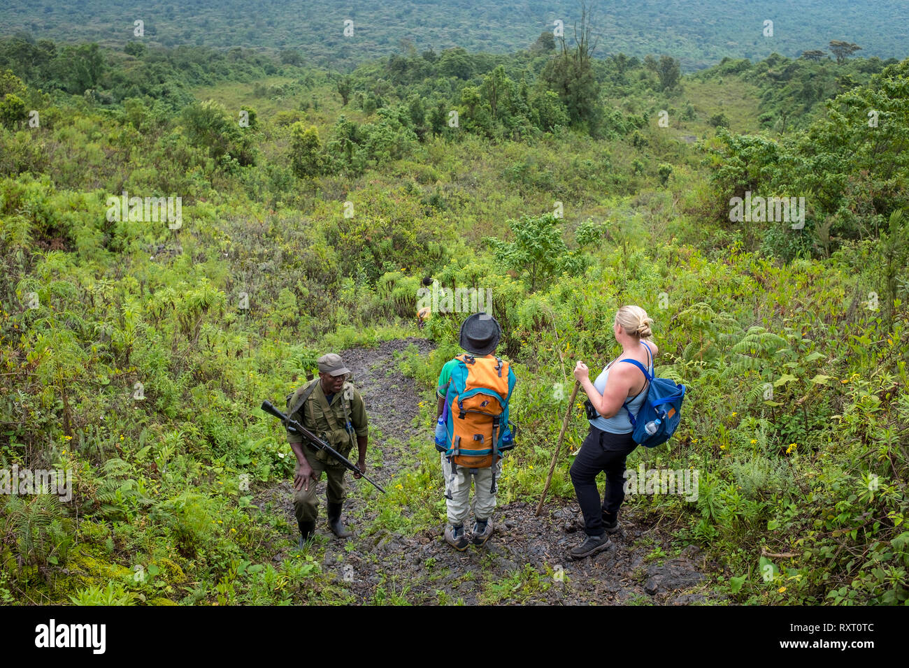 Hikers climbing Mount Nyiragongo volcano in the Democratic republic of ...