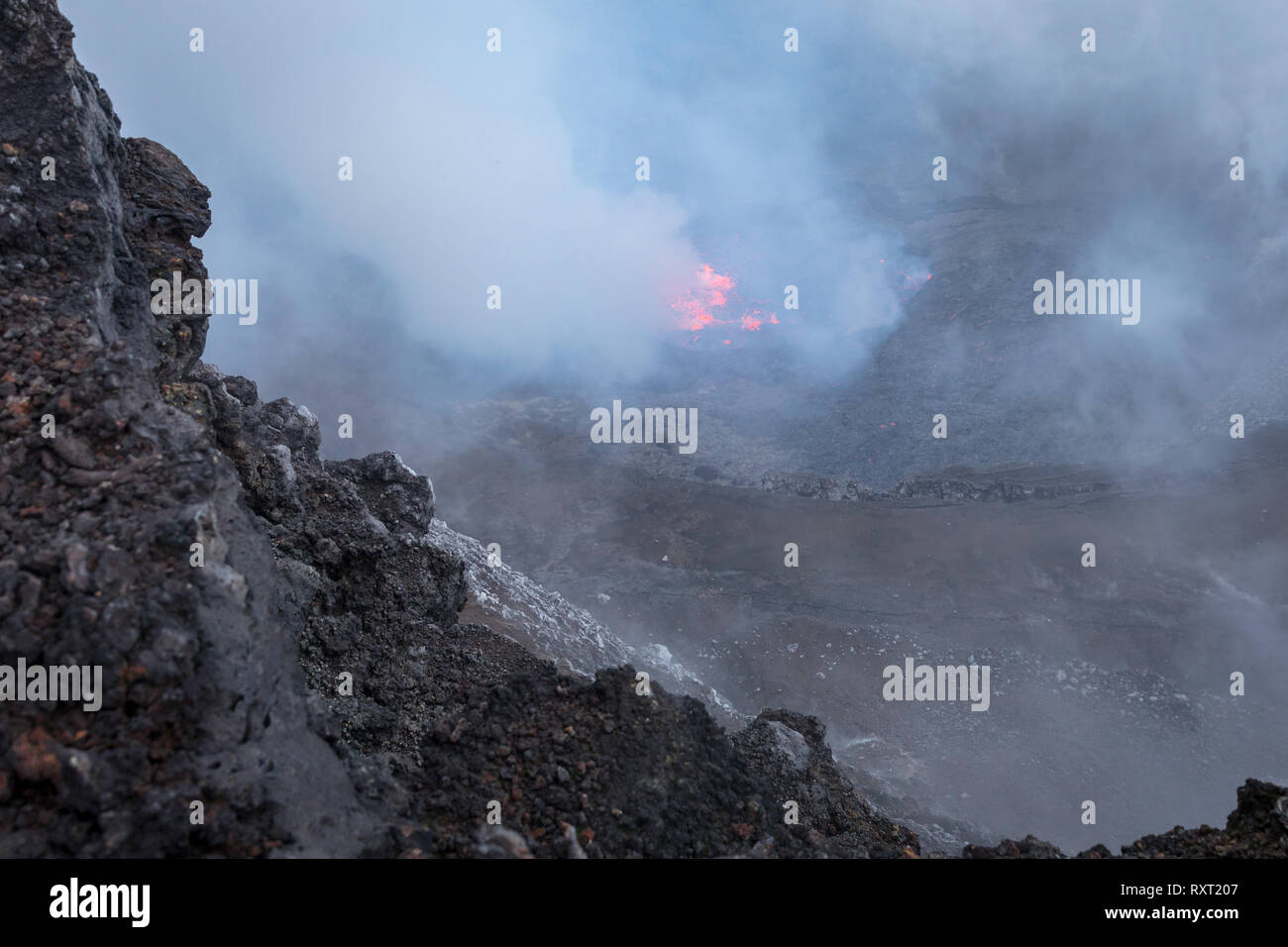 The lava lake at the top of Nyiragongo Volcano in the DRC Stock Photo ...