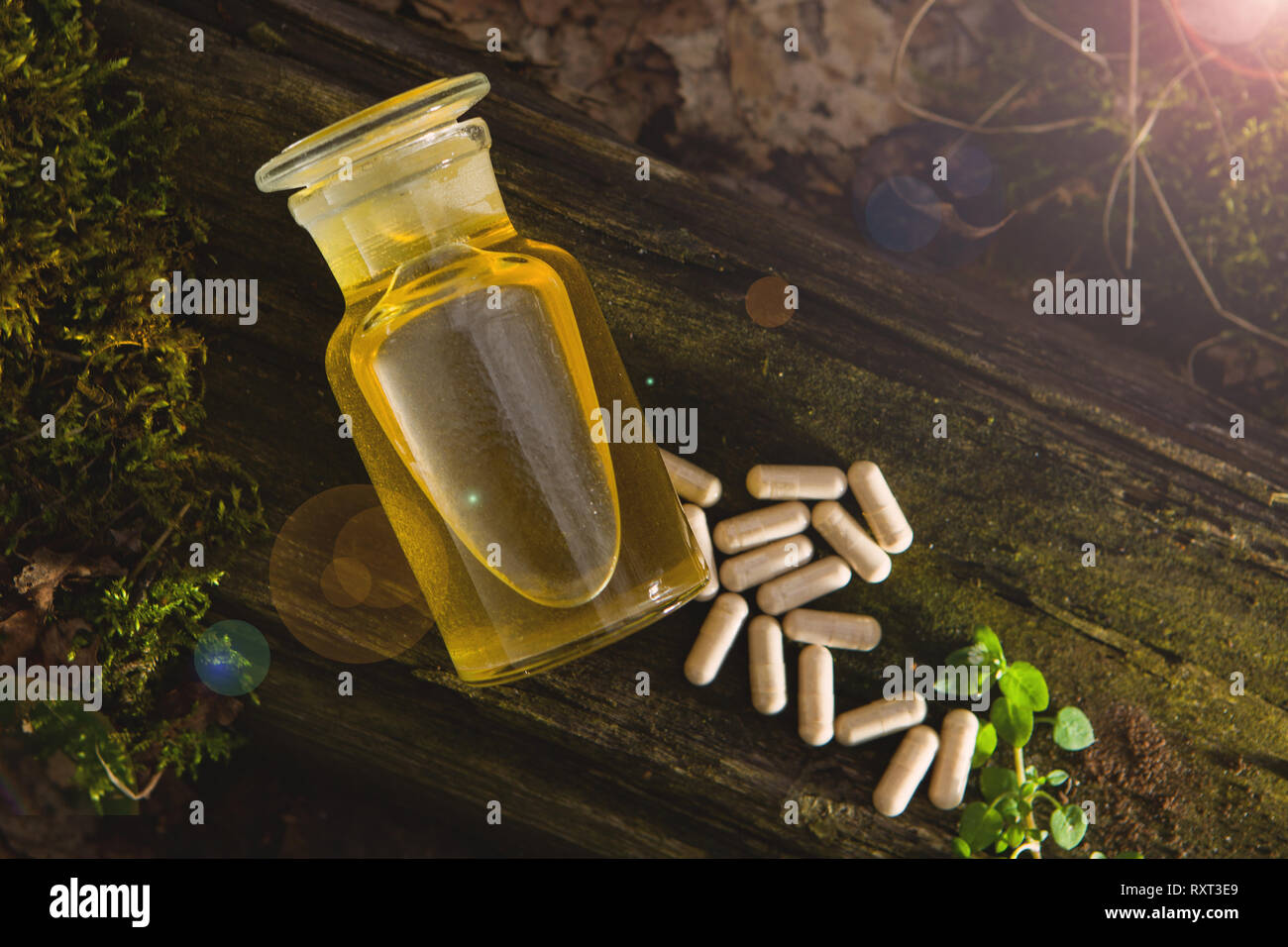 Natural medicines - extract from herbs. Healthy pills, a bottle of ...