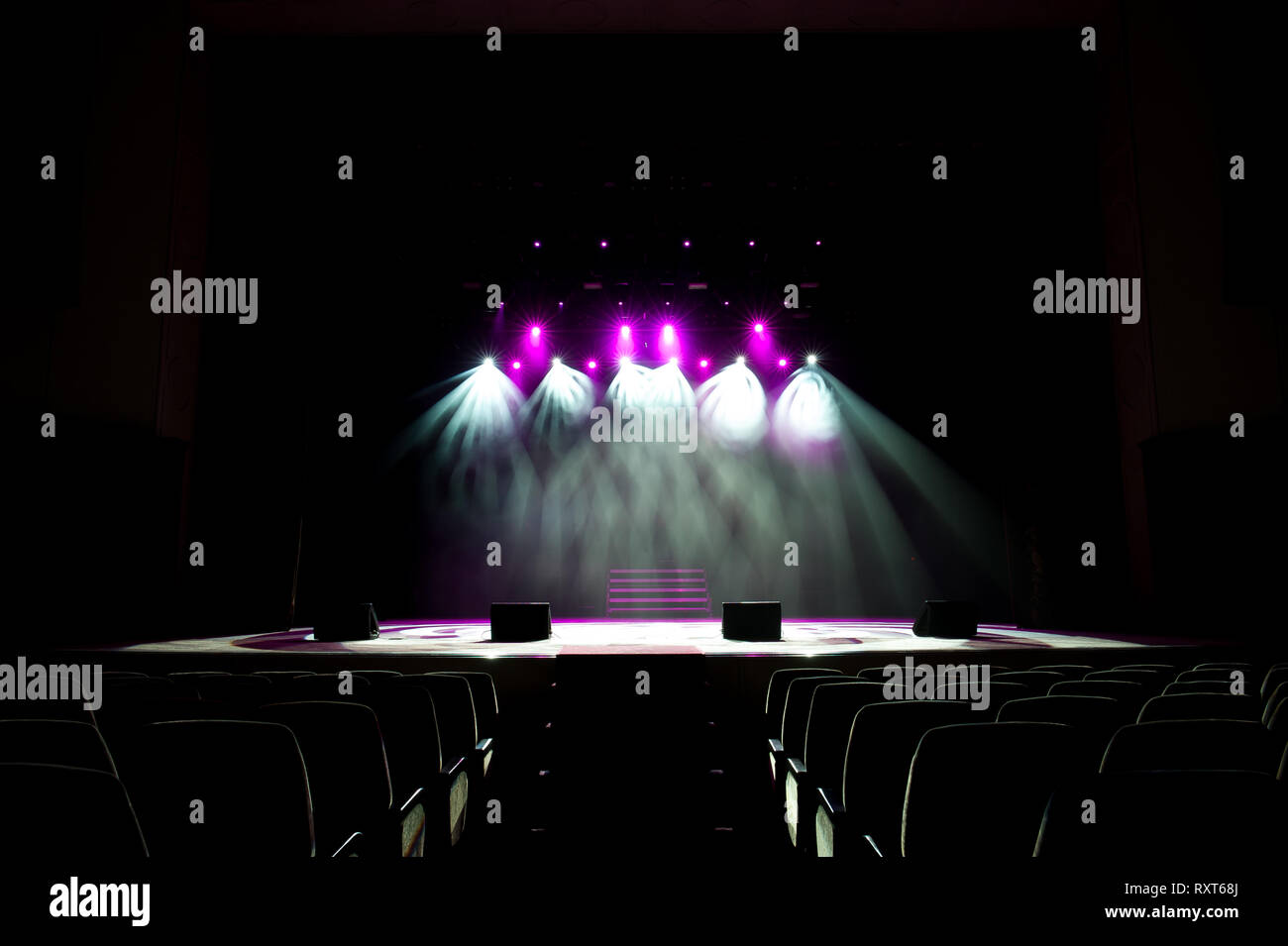 Free stage with lights, lighting devices. Night show Stock Photo - Alamy