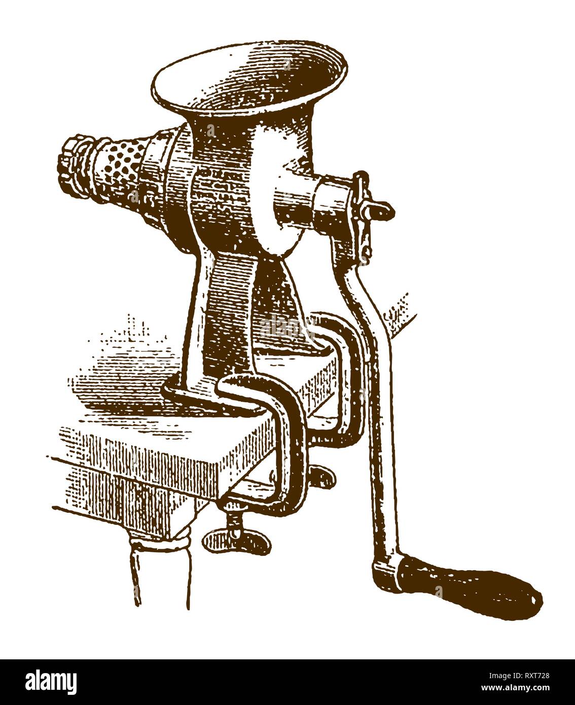 Historic mechanical meat cutter or grinder machine (after an engraving ...
