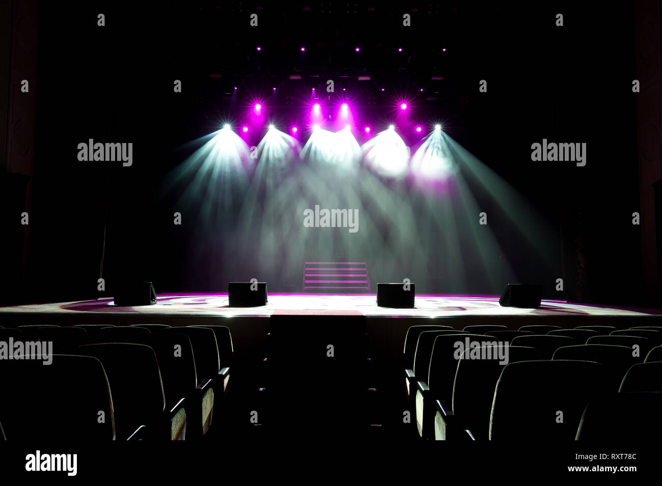 Free stage with lights, lighting devices. Night show Stock Photo - Alamy