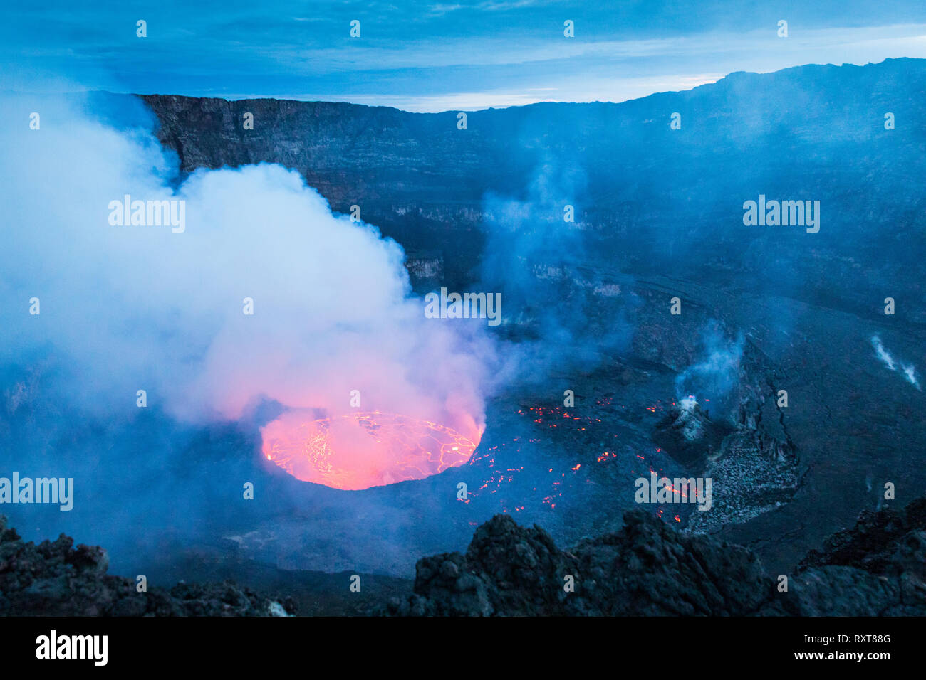 The lava lake at the top of Nyiragongo Volcano in the DR Congo Stock ...