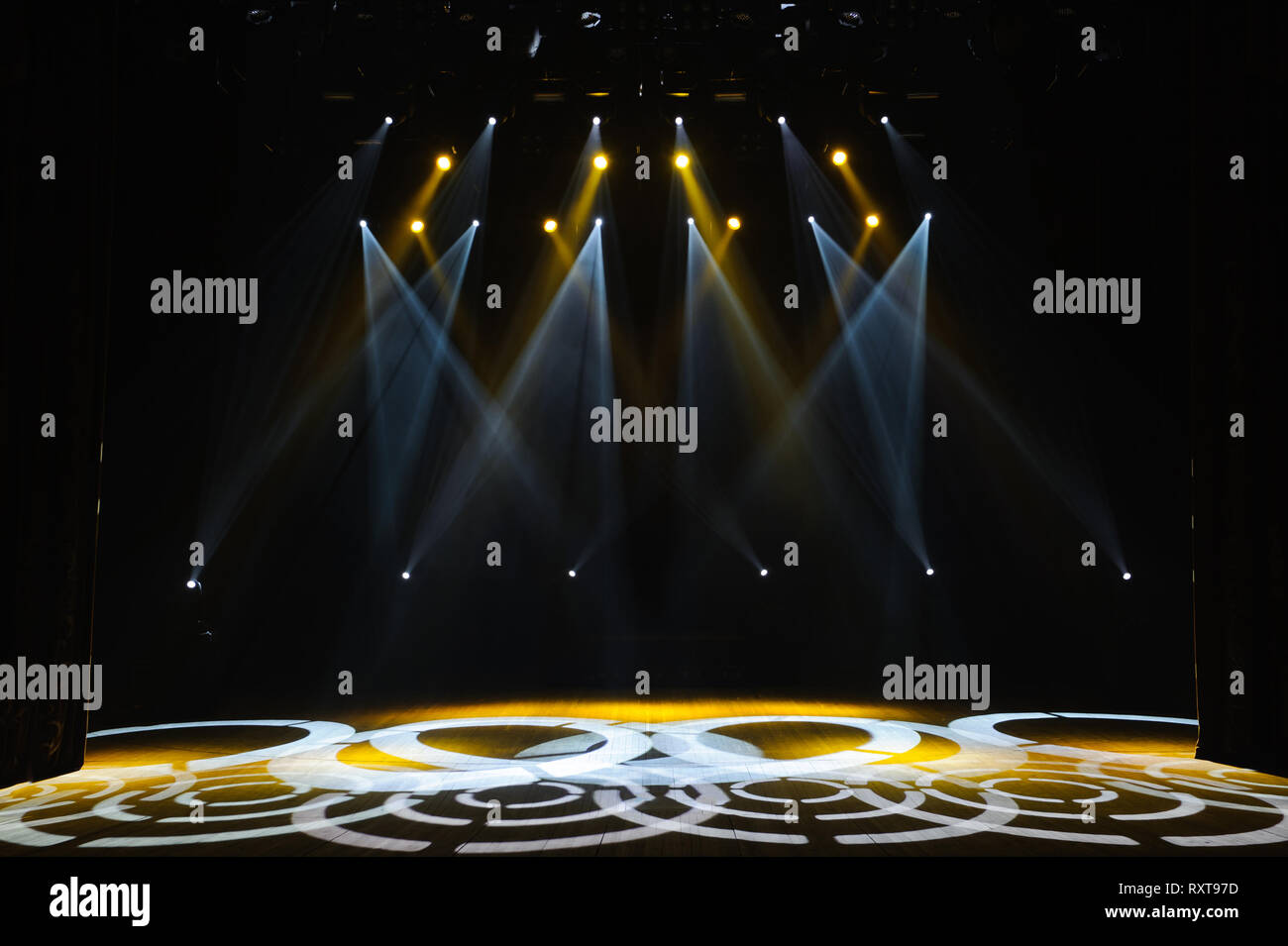 Free stage with lights, lighting devices. Night show Stock Photo - Alamy